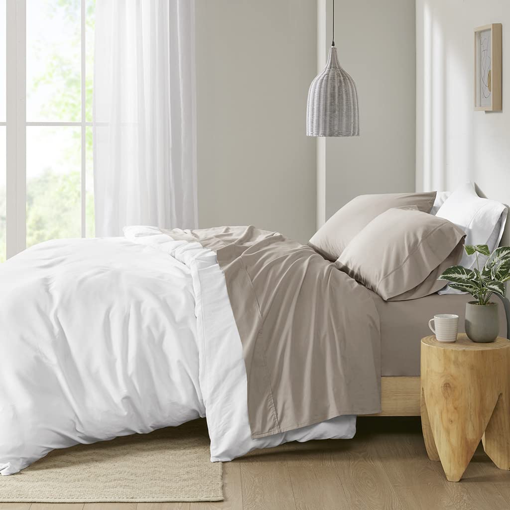 Madison Park 100% Cotton Percale Brushed Highly Breathable Moisture Absorbing 4 Piece Sheet Set, King Size, Khaki