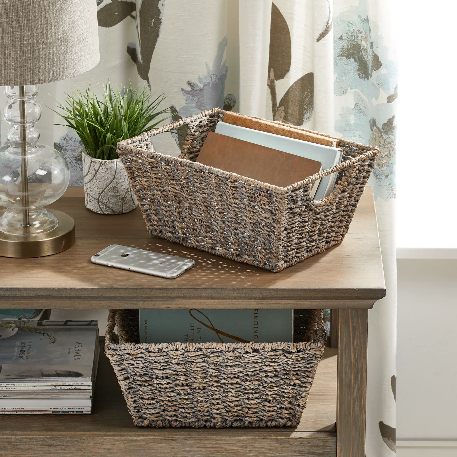 mDesign Natural Woven Seagrass Nesting Closet Storage Organizer Basket Bin for Kitchen Cabinets, Pantry, Bathroom, Laundry Room, Closets, Garage - 2 Pack - Gray