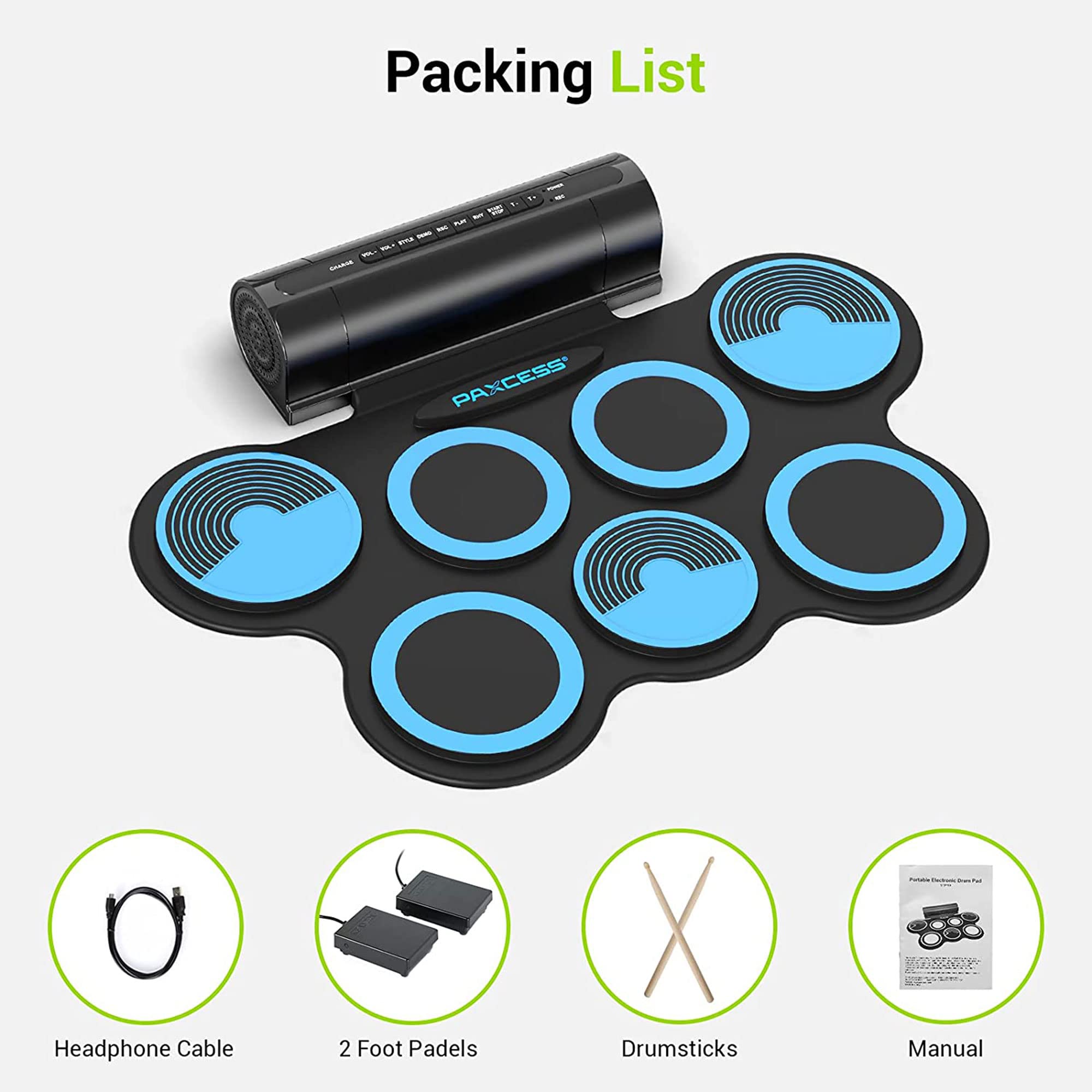 PAXCESS 7 Pad Portable Electronic Drum Set with Headphone Jack, Built-in Speakers, Drum Stick, Foot Pedals, Rechargeable Battery, and Charger