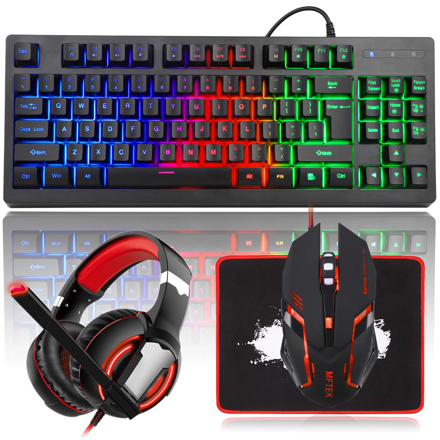 MFTEK RGB Rainbow Backlit Gaming Keyboard and Mouse Combo, LED PC Gaming Headset with Microphone, Large Mouse Pad, Small Compact 87 Keys USB Wired Mechanical Feeling Keyboard for Computer Gamer Office