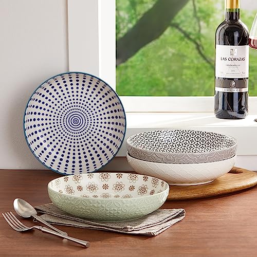 Signature Housewares Pad Print 13 Dinner Bowls 8.5'' Set of 4, Multicolor, 22oz