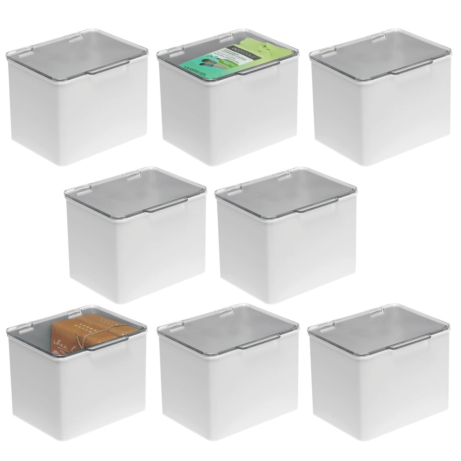 mDesign Plastic Bathroom Storage Organizer Box w/ Hinge Lid for Closet, Shelf, Cupboard, Vanity, Hold Medicine, Lotion, Cotton Swabs, Masks, Styling Tools, Lumiere Collection, 8 Pack, Stone/Clear