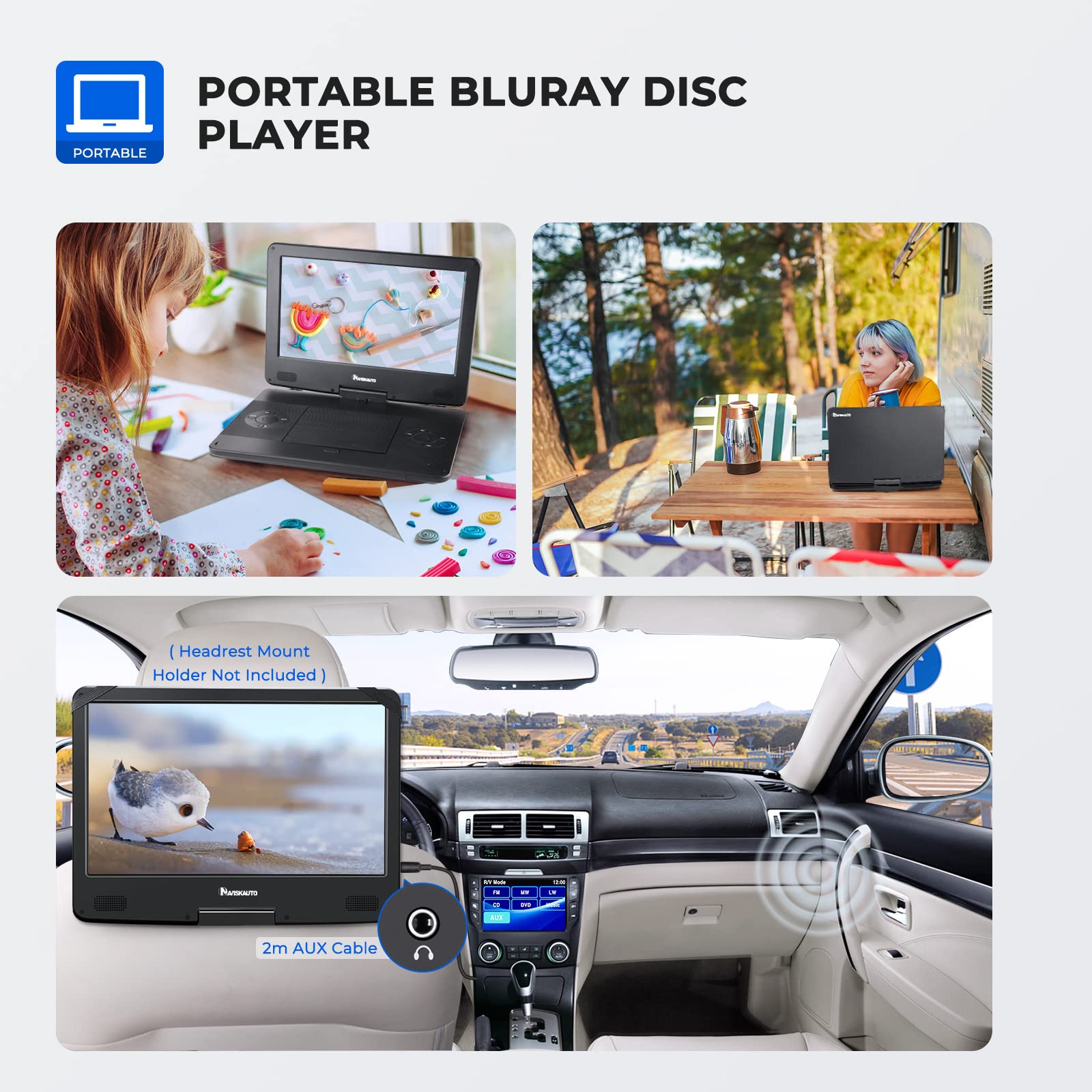 NAVISKAUTO 13.3'' Portable Blu-Ray Player with HDMI Input & HDMI Output, Portable Blu-Ray DVD Player with Rechargeable Battery Support USB/SD Card, 1080P Video, Dolby Audio, AV in & Out, Last Memory