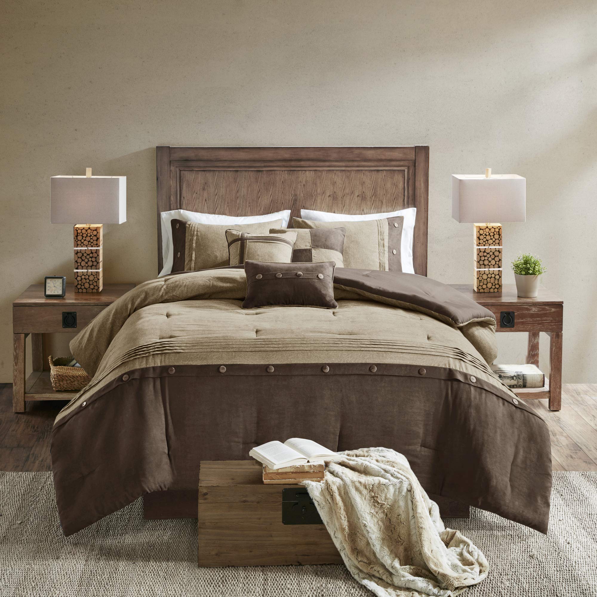 Madison Park Boone Cozy Comforter Set, Faux Suede, Deluxe Hotel Styling All Season Down Alternative Bedding Matching Shams, Decorative Pillow, California King (104 in x 92in), Rustic Brown 7 Piece