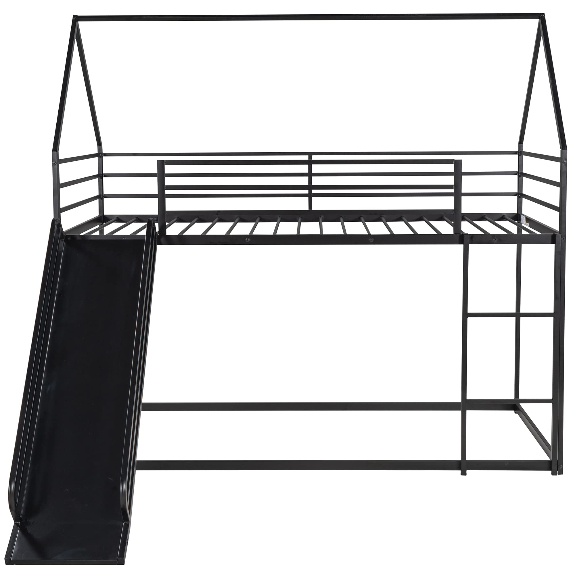 Merax Bunk Beds Built-in Ladder, Metal Frame House Bedframe, No Box Spring Needed, Twin Over Twin with Slide, Black