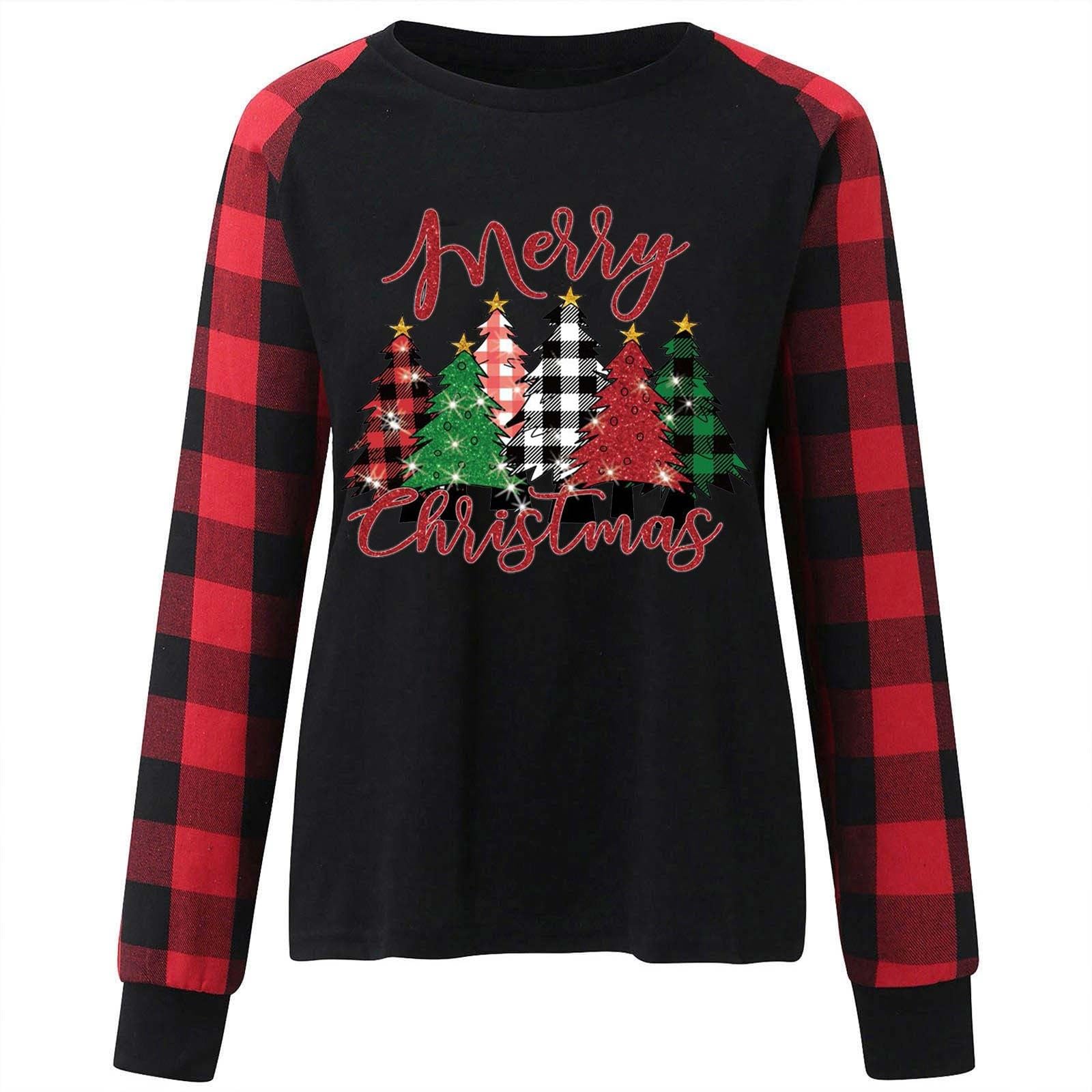 Merry Christmas Tree Shirts for Women Xmas Plaid Leopard Tree Graphic Long Sleeve T-Shirts Holiday Casual Tee Tops