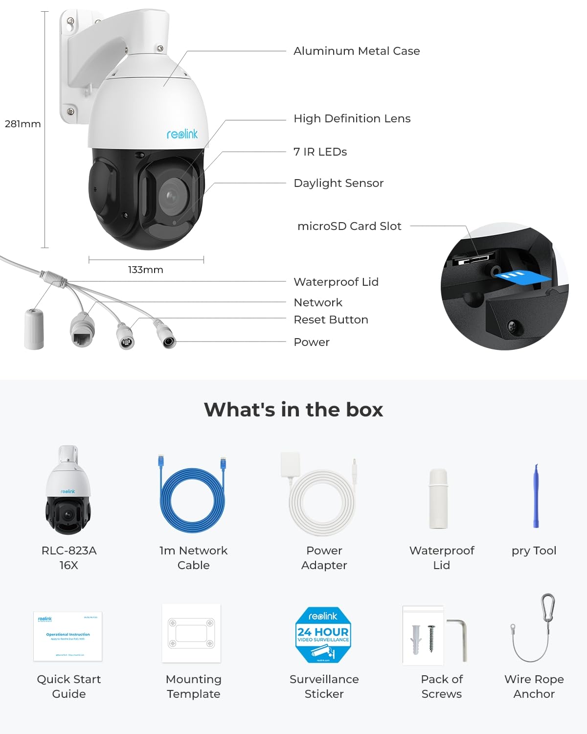 REOLINK 4K PTZ Security Camera System, 360 Degree View PoE Camera with 16X Optical Zoom for Outdoor Surveillance, Auto Tracks Human/Vehicle/Pet, Two-Way Talk, 260ft IR Night Vision, RLC-823A 16X