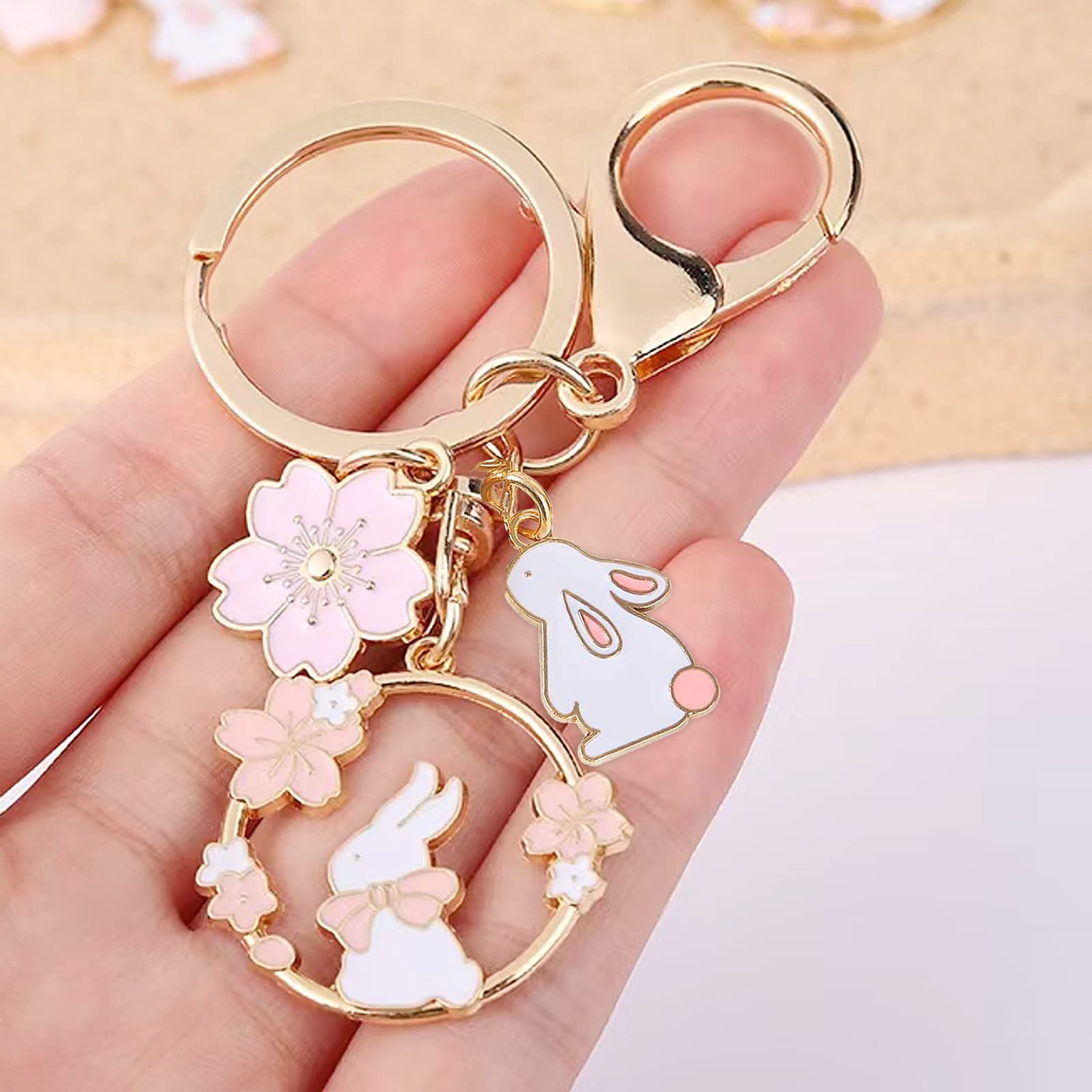 VUKWOO Cute Bunny Keychain and Metal Rabbit Bookmark,Kawaii Keychain with Rabbit and Cherry Blossom,Bunny Charm for Backpack/Keychain/Wallet/Purse