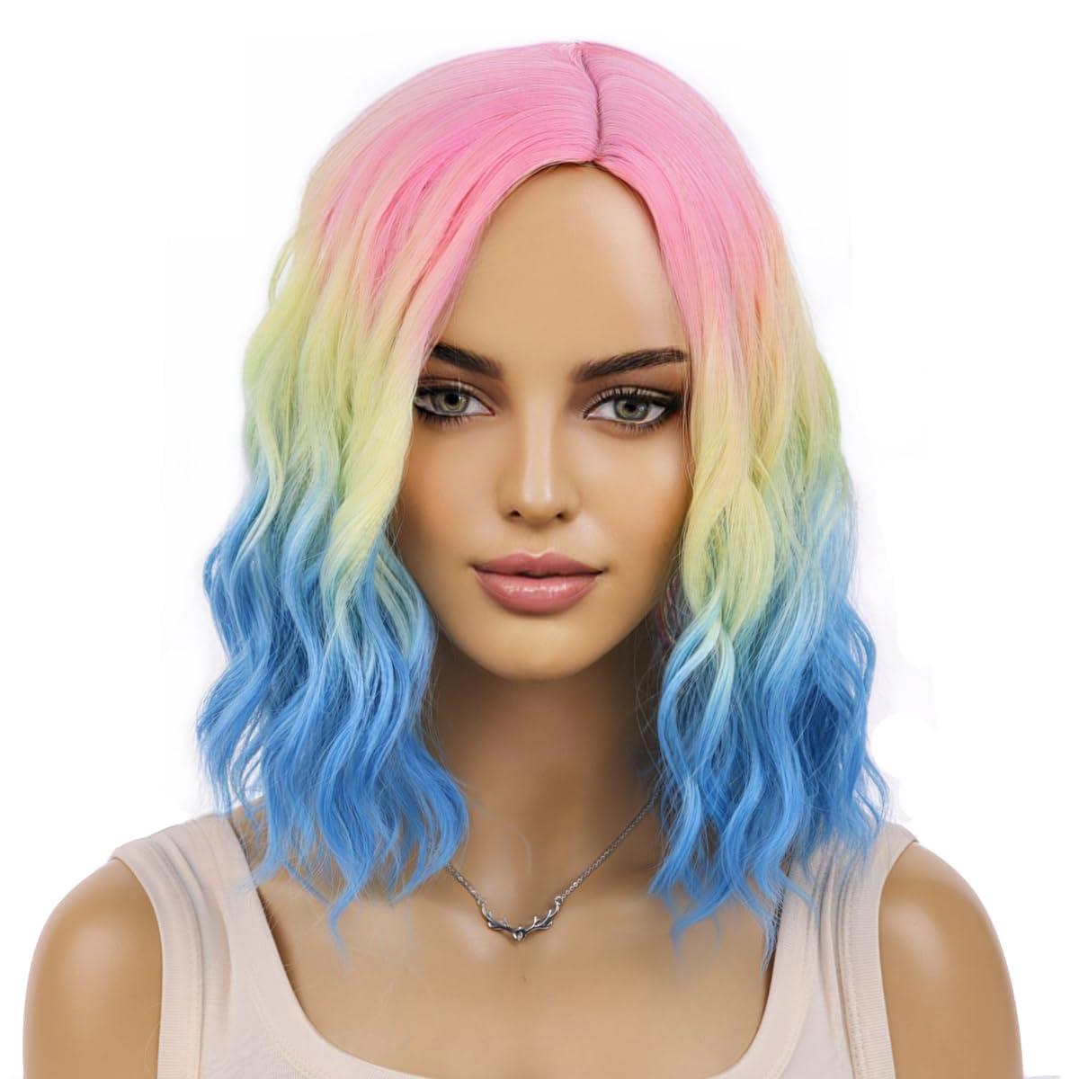 MAGQOO Rainbow Wig for Women Short Colorful Wig Multicolor Wig Side Part Short Curly Wavy Rainbow Hair Wigs Synthetic Heat Resistant Cosplay Costume Party Wigs