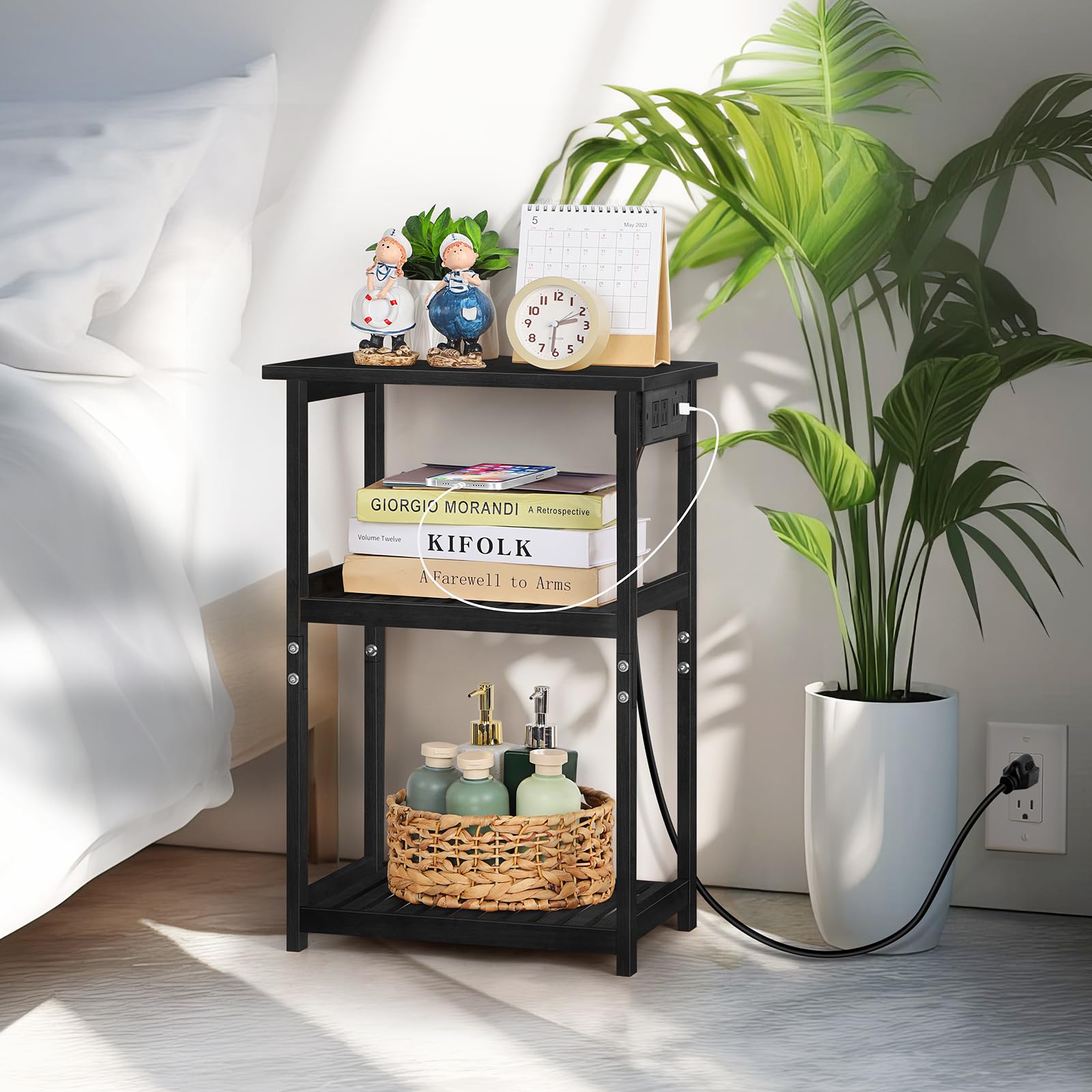 melos End Table with Charging Station, 3 Tier Bamboo Nightstands Set of 2, Bedside Table with USB Ports and Outlets, End Table Side Table for Bedroom, Living Room, Nursery, Rustic Farmhouse White