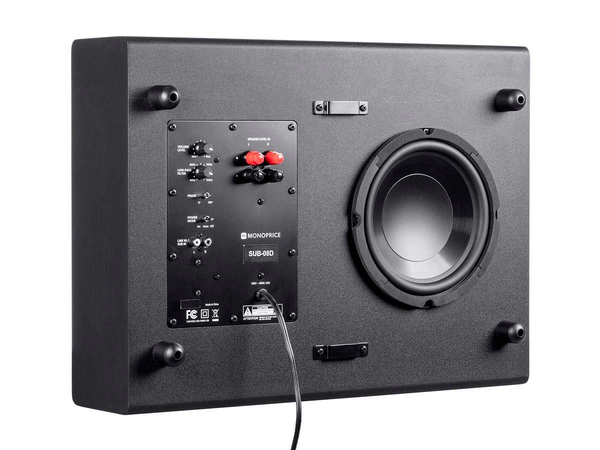 Monoprice SSW-8 Slim Powered Subwoofer - 8 Inch Woofer, 100 Watt, Low Profile, Powerful Amp, Low Pass, RCA and Speaker Level Terminal Inputs, Black