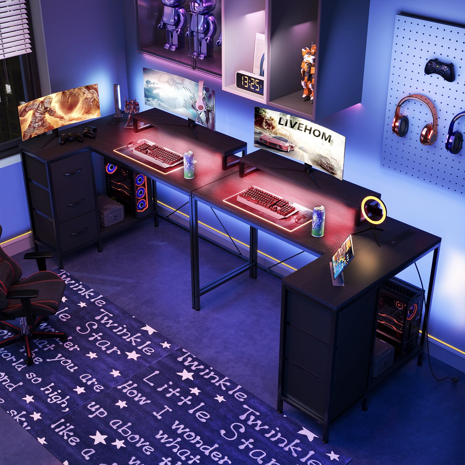 LIVEHOM L Shaped Desk with Power Outlets & LED Lights, Computer Desk with Drawers & Shelves, Corner Desk Gaming Desk Home Office Desk