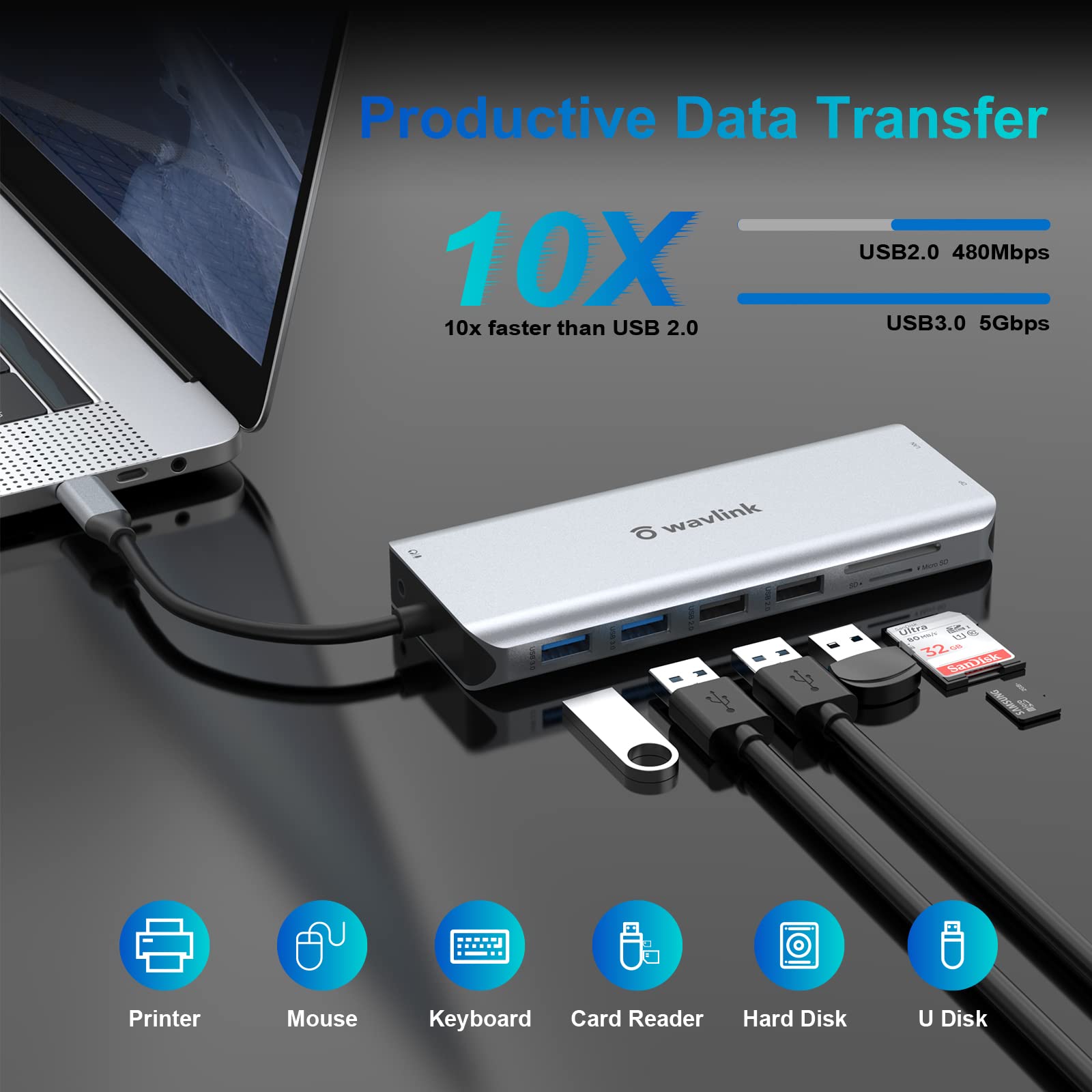 WAVLINK USB C Hub/Docking Station,Triple Display Type-C Adapter for MacBook Pro,Dell XPS 13/15,HP,Lenovo Yoga (2 HDMI,DisplayPort,Ethernet,USB 3.0/2.0,SD/TF Card Reader,Audio Jack,89W PD3.0)