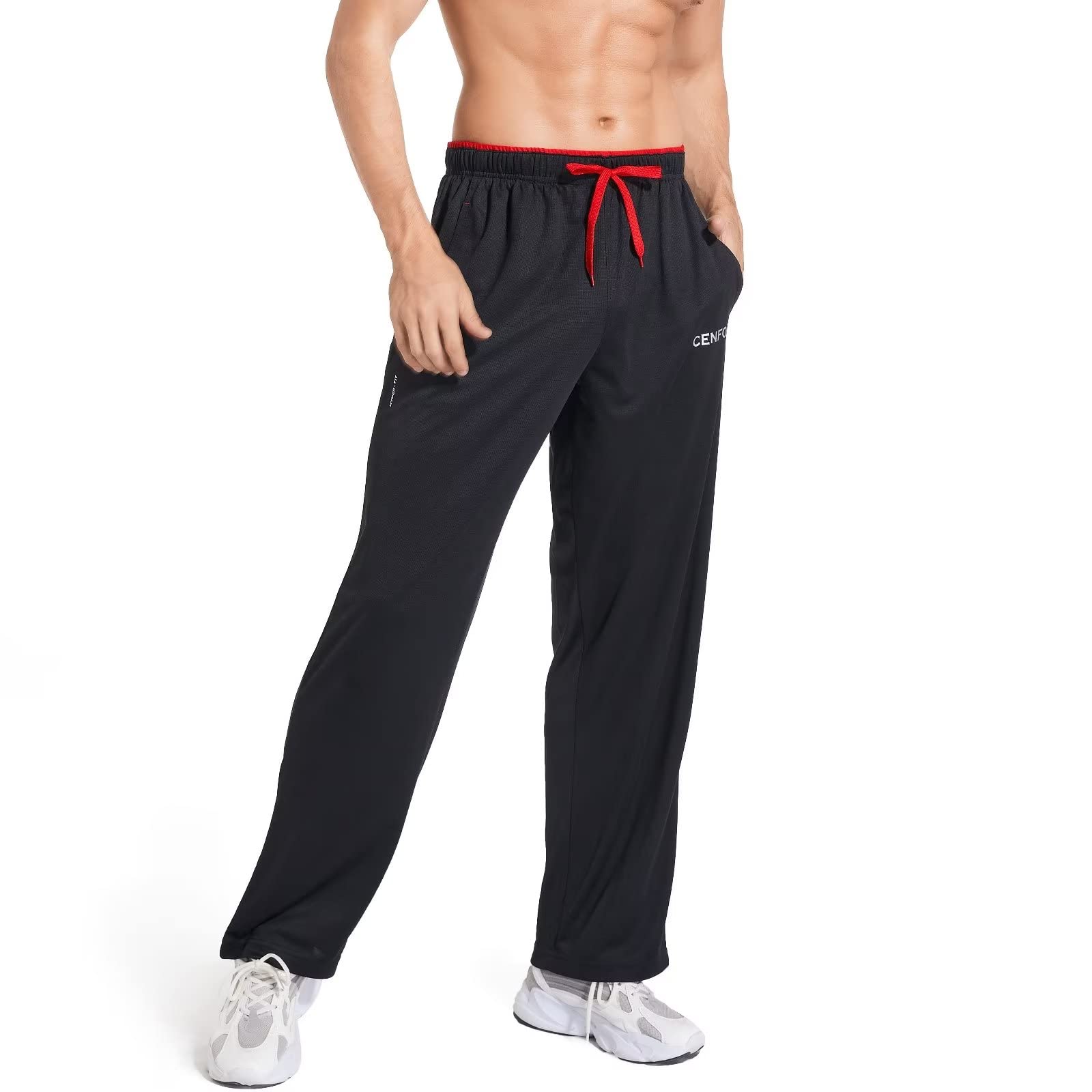 SPEEDME Mens Lightweight Sweatpants Loose Fit Open Bottom Mesh Athletic Pants with Pockets for Workout,Running,Training,Jogging,Gym Black Red XL