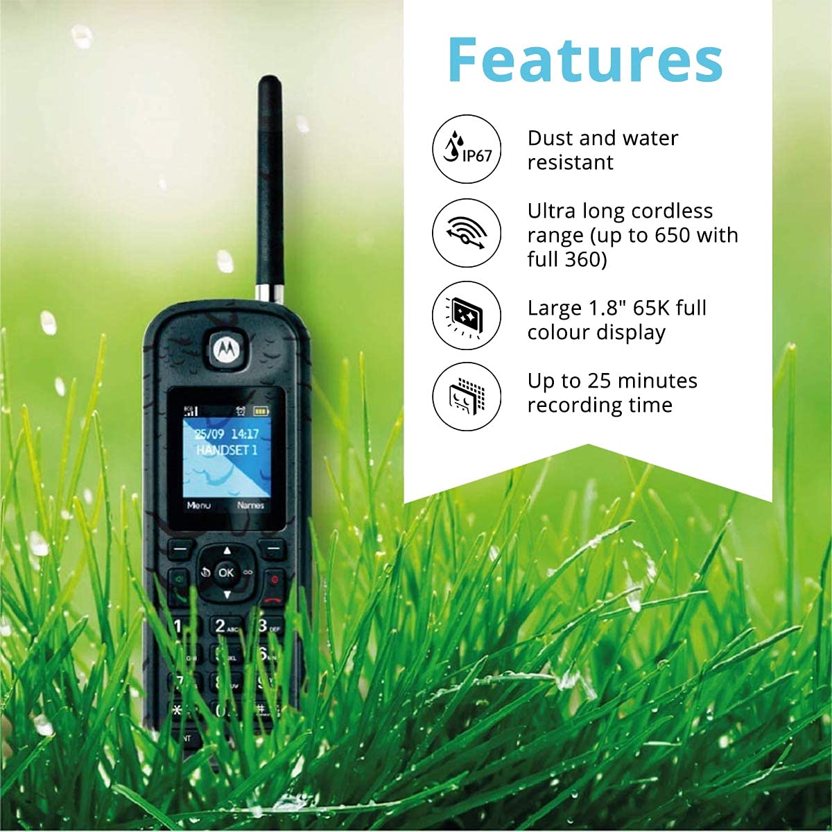 Motorola O211 DECT 6.0 Long Range Cordless Phone, Water & Dust Resistant, IP67 Certified, Black, 1 Handset Bundle with Blucoil 10-FT Cat5e Cable, and 5-Pack of Reusable Cable Ties