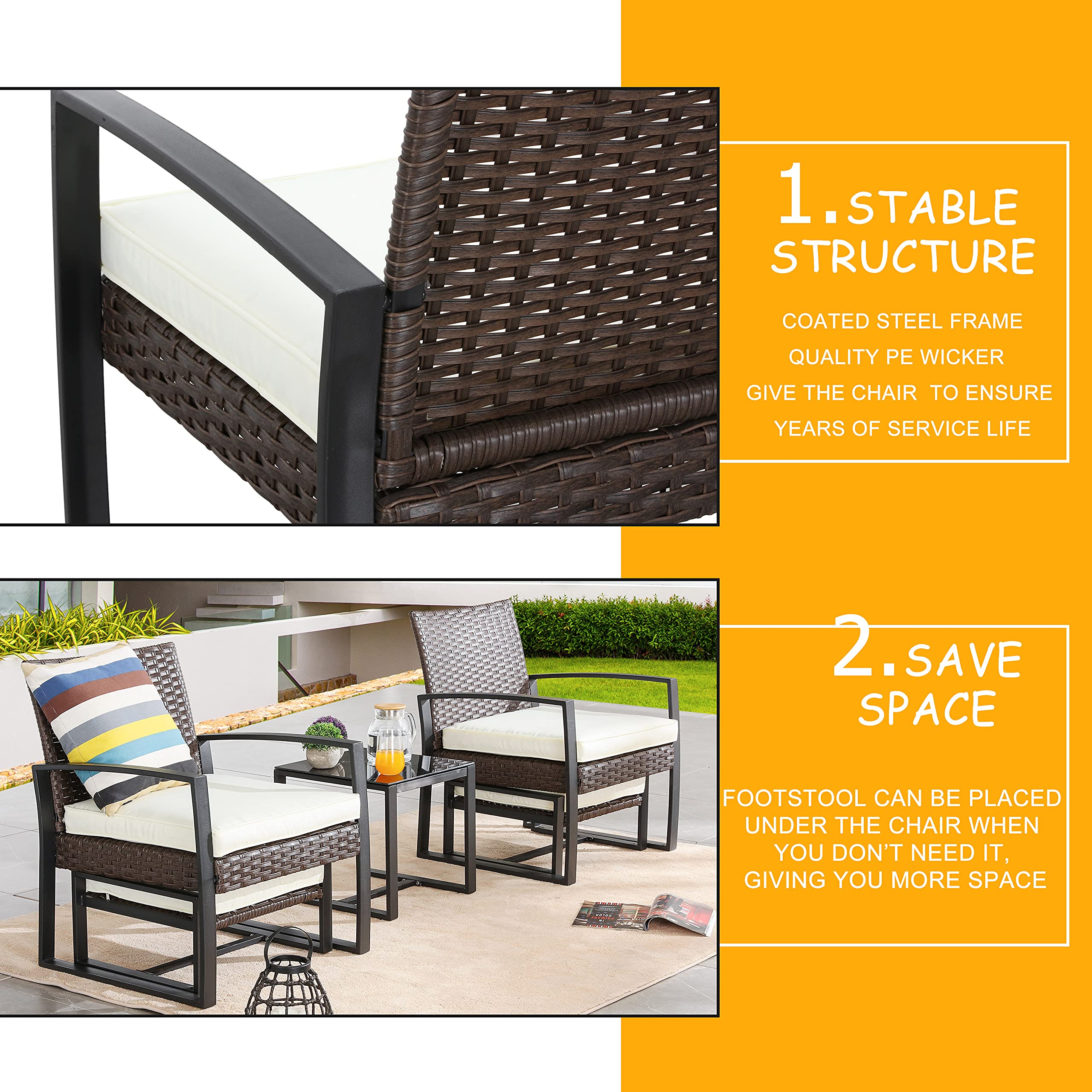 LOKATSE HOME Patio Conversation Set 5 Pieces Outdoor PE Wicker Rattan Sofa Furniture Cushioned Chairs and Ottomans with Tempered Glass Coffee Table, White