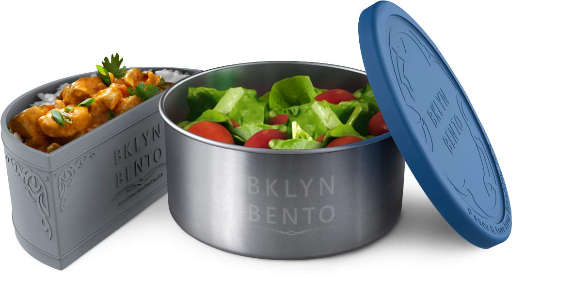 Stainless Steel Food Container With Silicone Food Separator and Leak Proof Silicone Lid | Metal Lunch Box Divider | Bento Box | Portion Control Snacks (Blue & Grey (Food Separator)