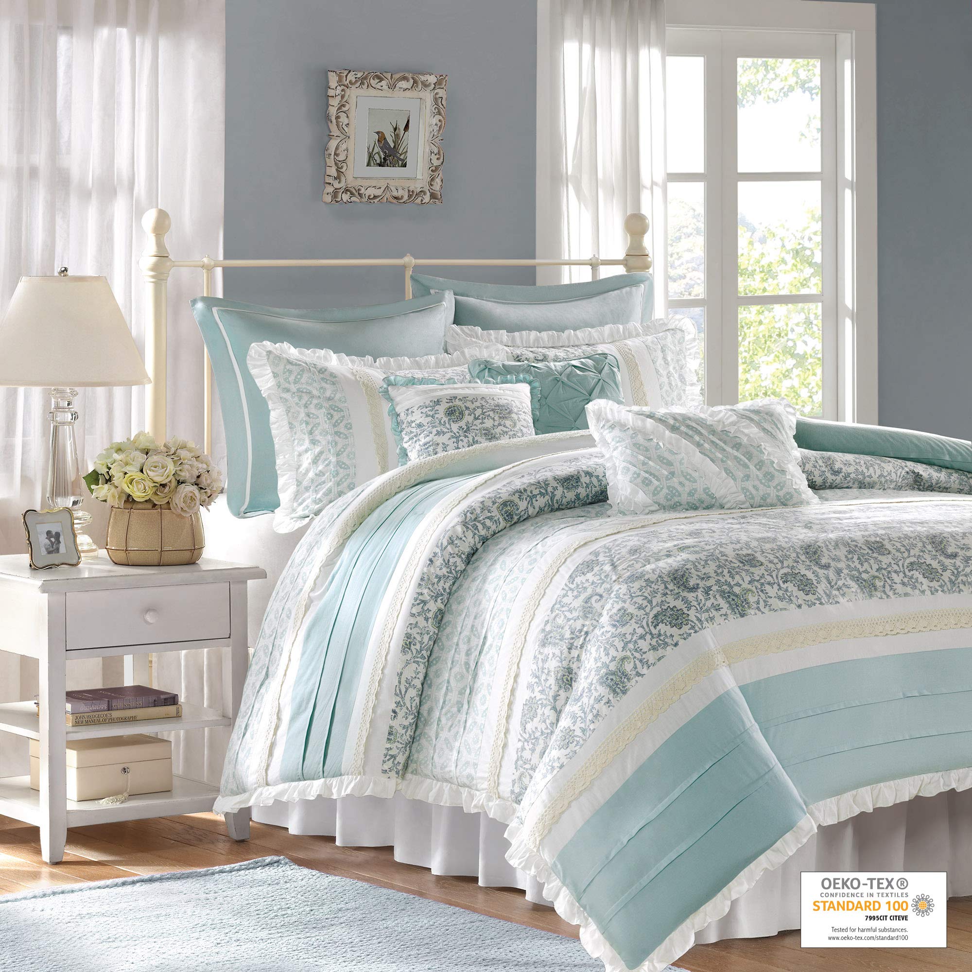 Madison Park Dawn 100% Cotton Duvet Set Floral Shabby Chic Design All Season Comforter Cover Bedding, Matching Shams, Percale Light Weight Bed Comforter Covers, King(104"x92"), Blue 9 Piece , Aqua