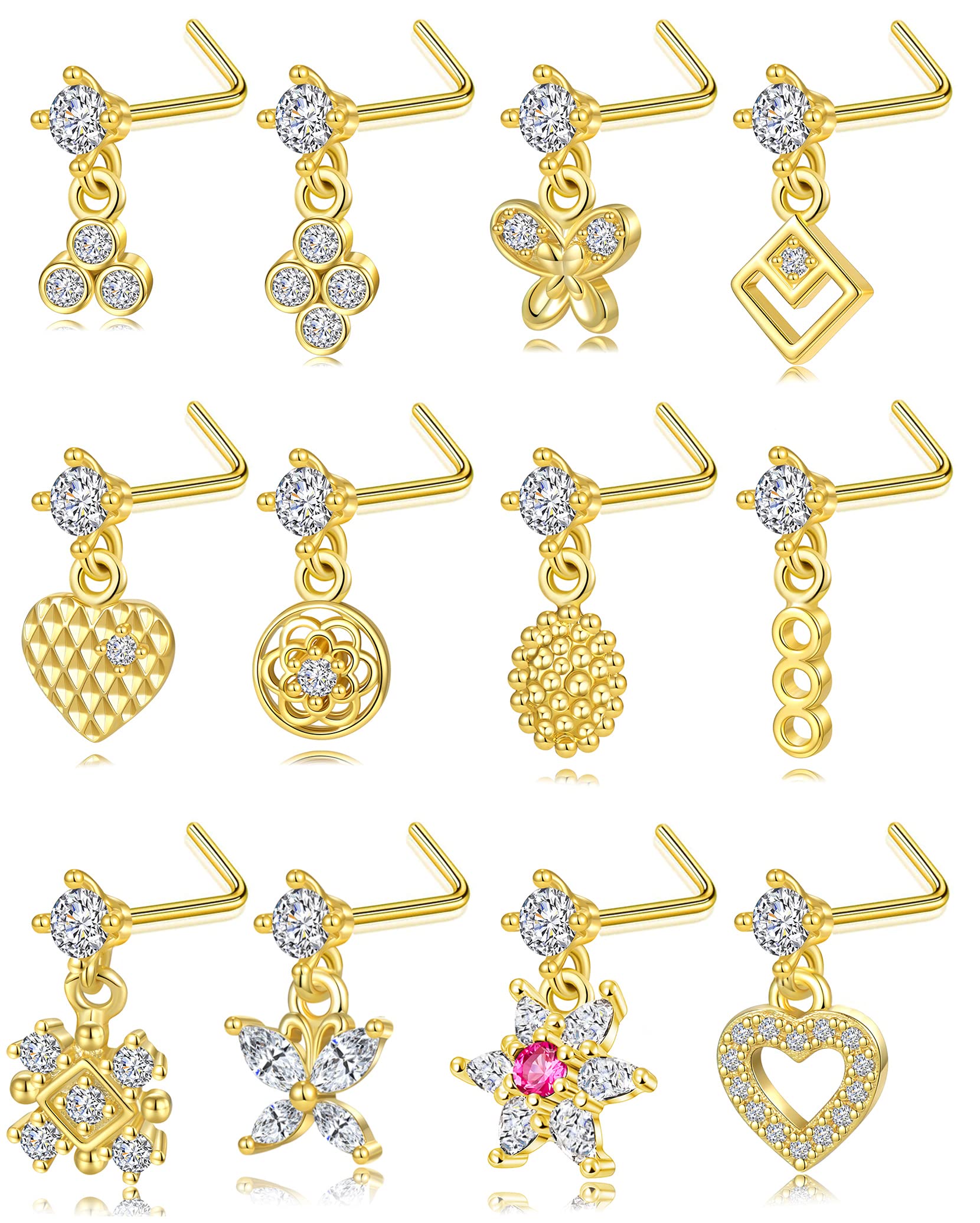Tornito 12Pcs Nose Ring Studs L Shaped Dangling Butterfly Heart Flower CZ Nose Rings Stud Nostril Body Piercing Jewelry for Women Men 20G Silver Tone