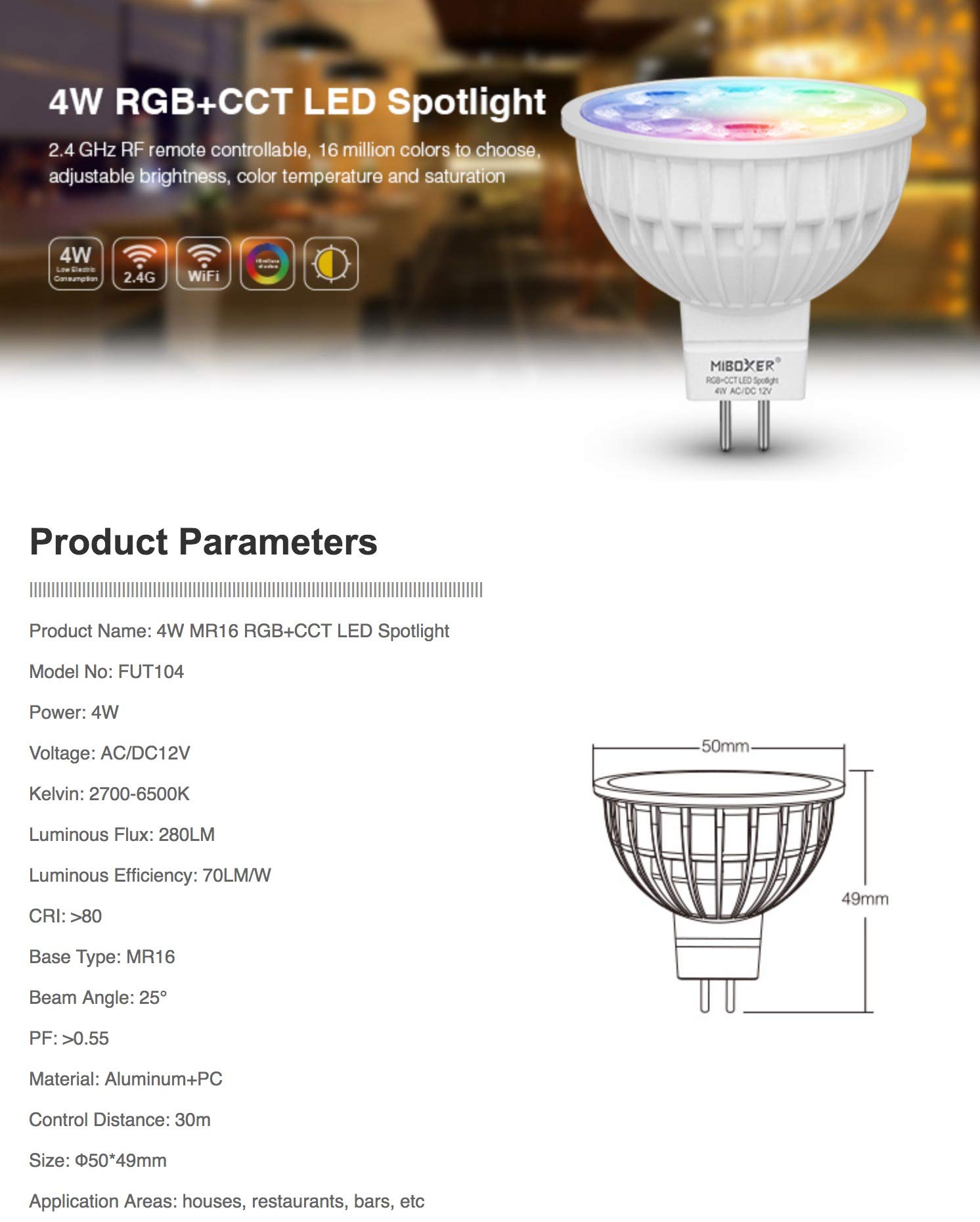 Mi Light MR16 Color Changing LED Spotlight WiFi RGB +CCT 4 Watt Warm White Dimmable (4W MR16)