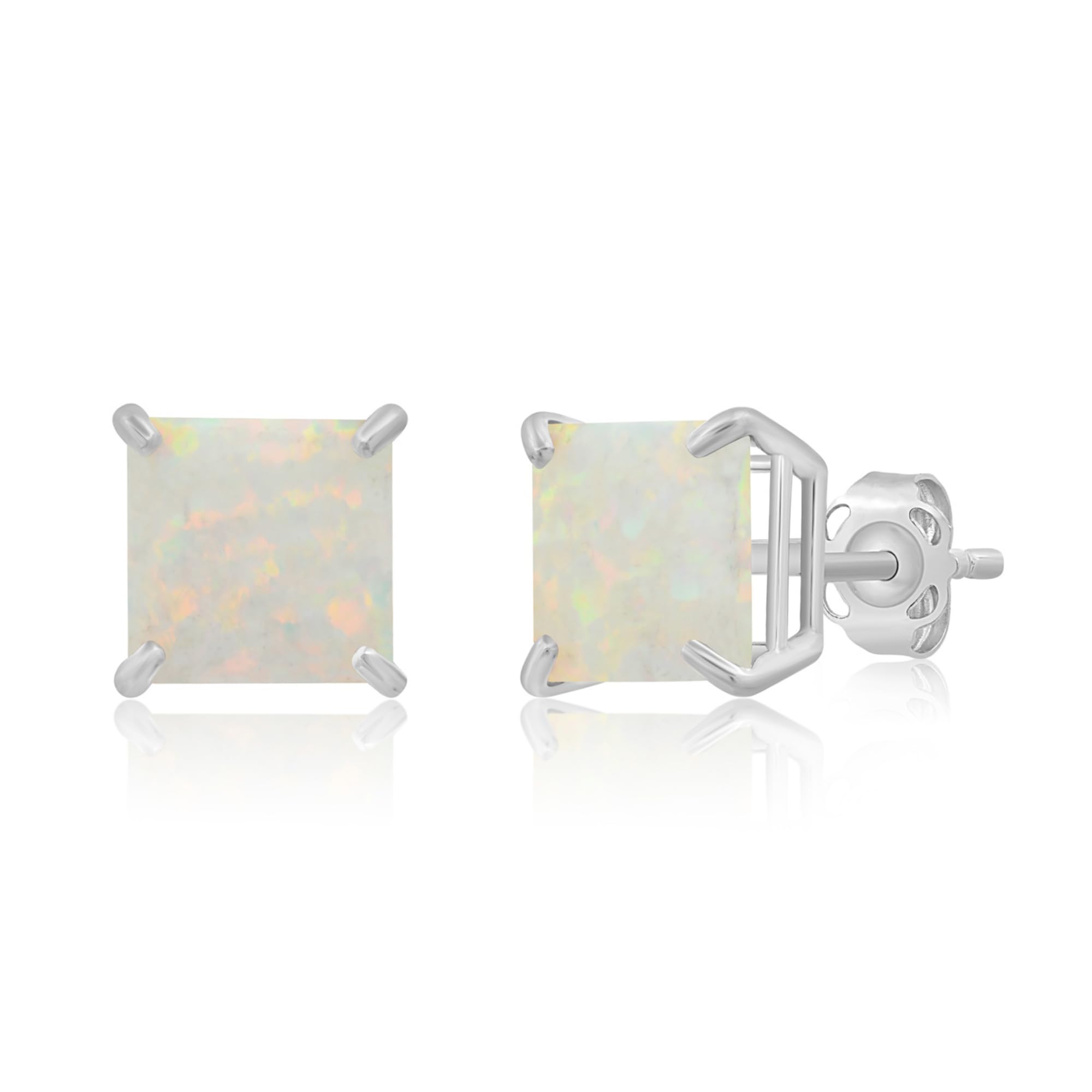 MAX + STONE 14k White Gold Princess Cut Created Opal Square Stud Earrings for Women 7mm Solitaire October Birthstone with Push Backs