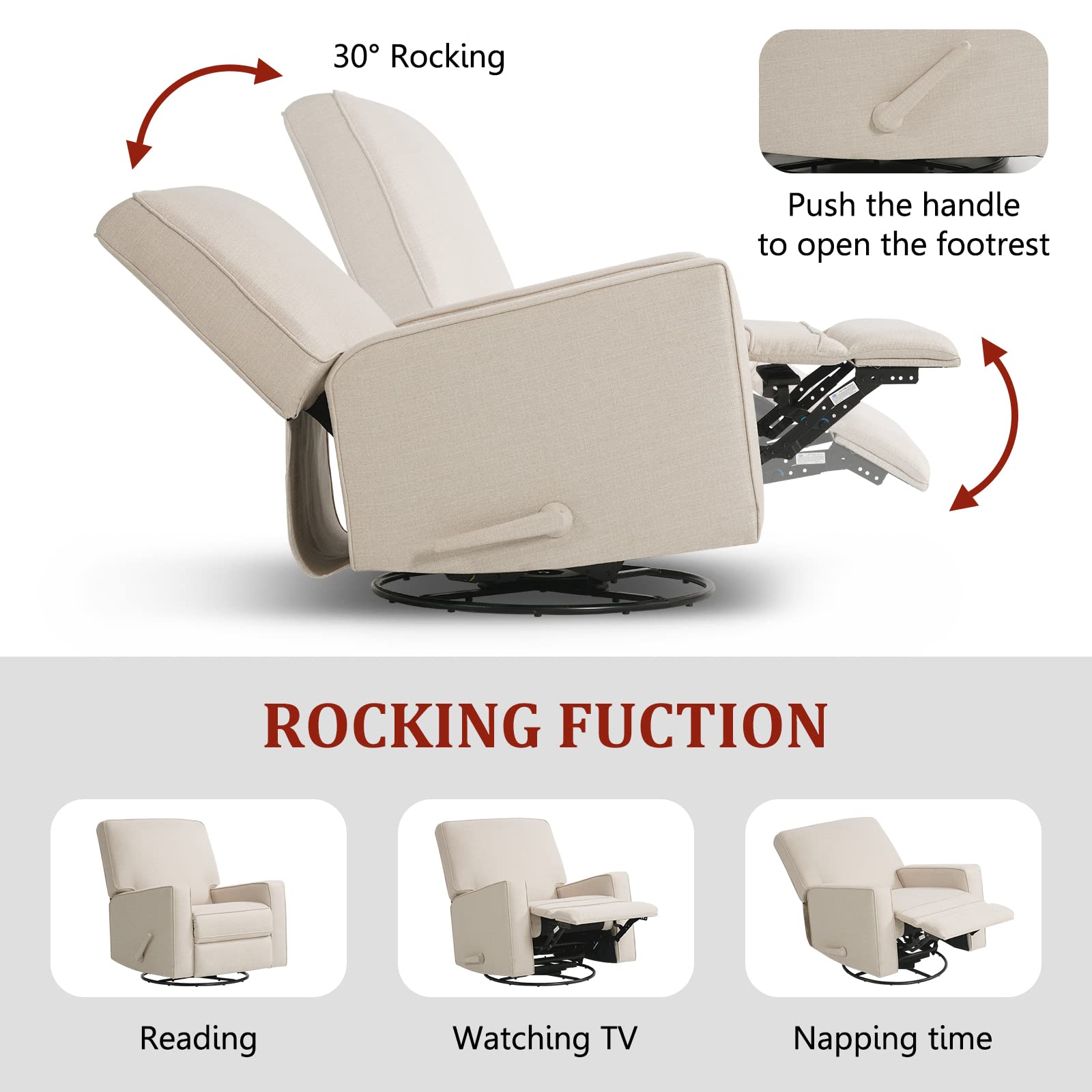 Luffield Swivel Rocker Recliner Chair -Manual 360 Degree Swivel Recliners Comfy Glider Rocking Chairs, Single Modern Sofa Home Theater Seating for Living Room (Beige)