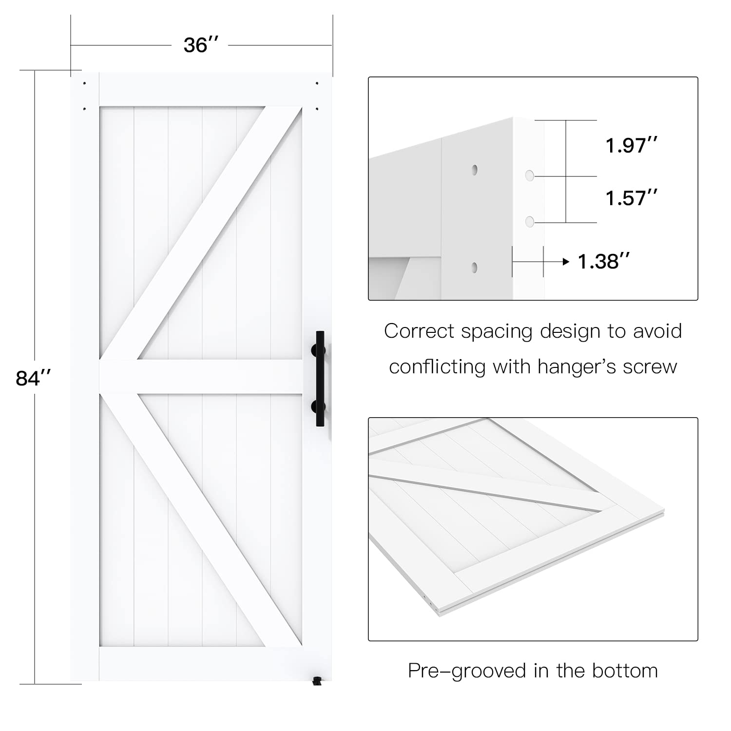 Orgerphy 36in x 84in MDF Sliding Barn Door with 6.6FT Barn Door Hardware Kit Included & Handle, Floor Guide Assemble | Farm Door|Pre-Drilled Holes, Waterproof Coating | White, K-Frame (36 Inch)