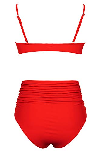 Meyeeka Women Sexy Two Pieces High Waist Tummy Control Swimsuits Padded Push Up Bikini Sets L Red
