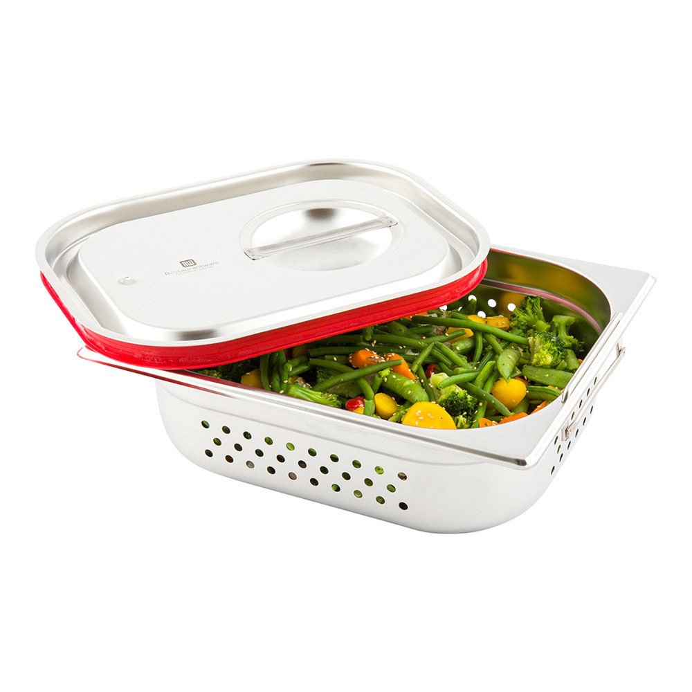Restaurantware Perforated Steam Table Pan - Half Size - 4" Deep - Collapsible Handles - Anti Jam - Commercial Grade Stainless Steel - 1ct Box - Met Lux