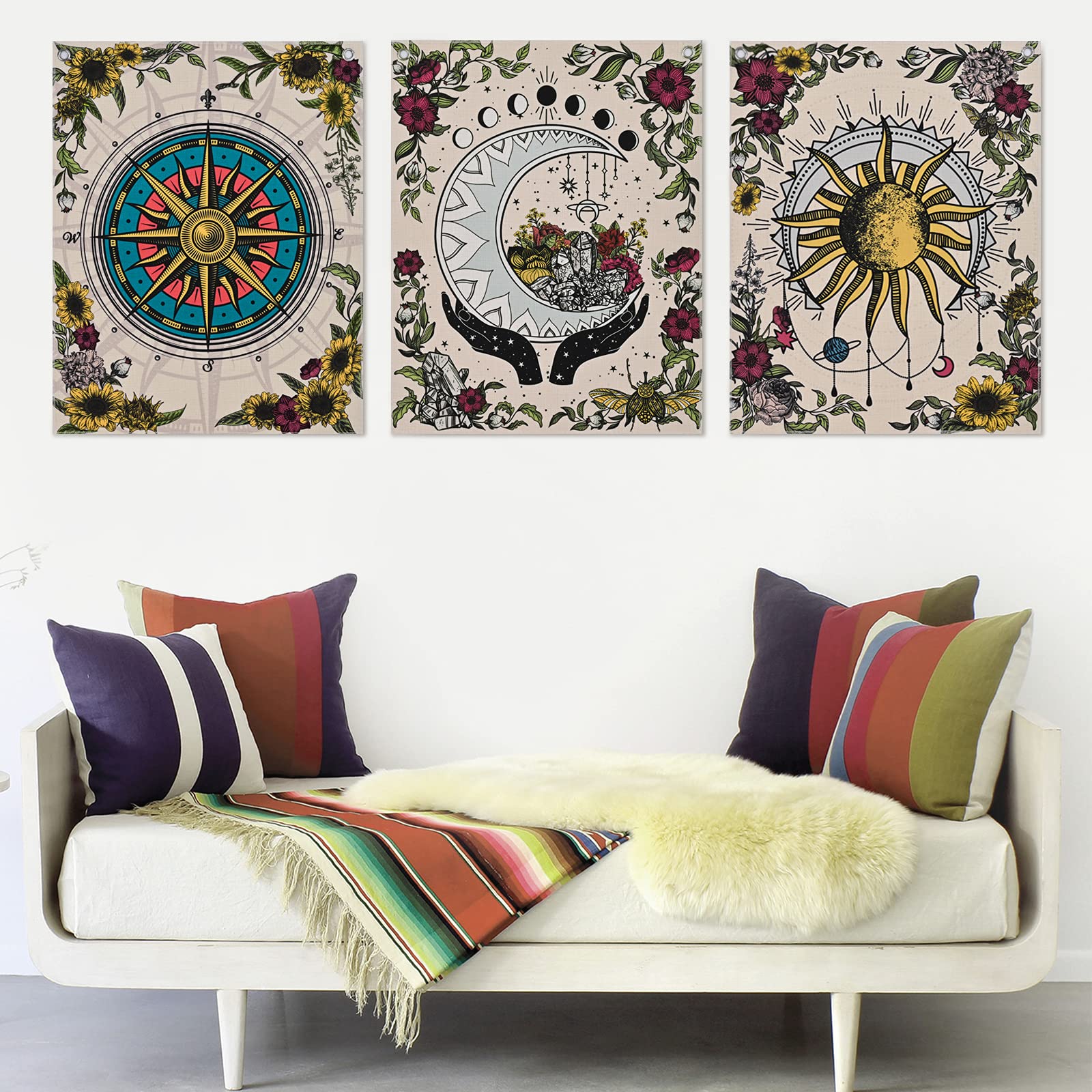 Pack of 3 Tarot Tapestry Tarot Card Tapestry The Sun The Moon The Star Tapestry Floral Plants Tapestry Moon Phase Tapestry with Rustproof Grommets, Seamless Nails