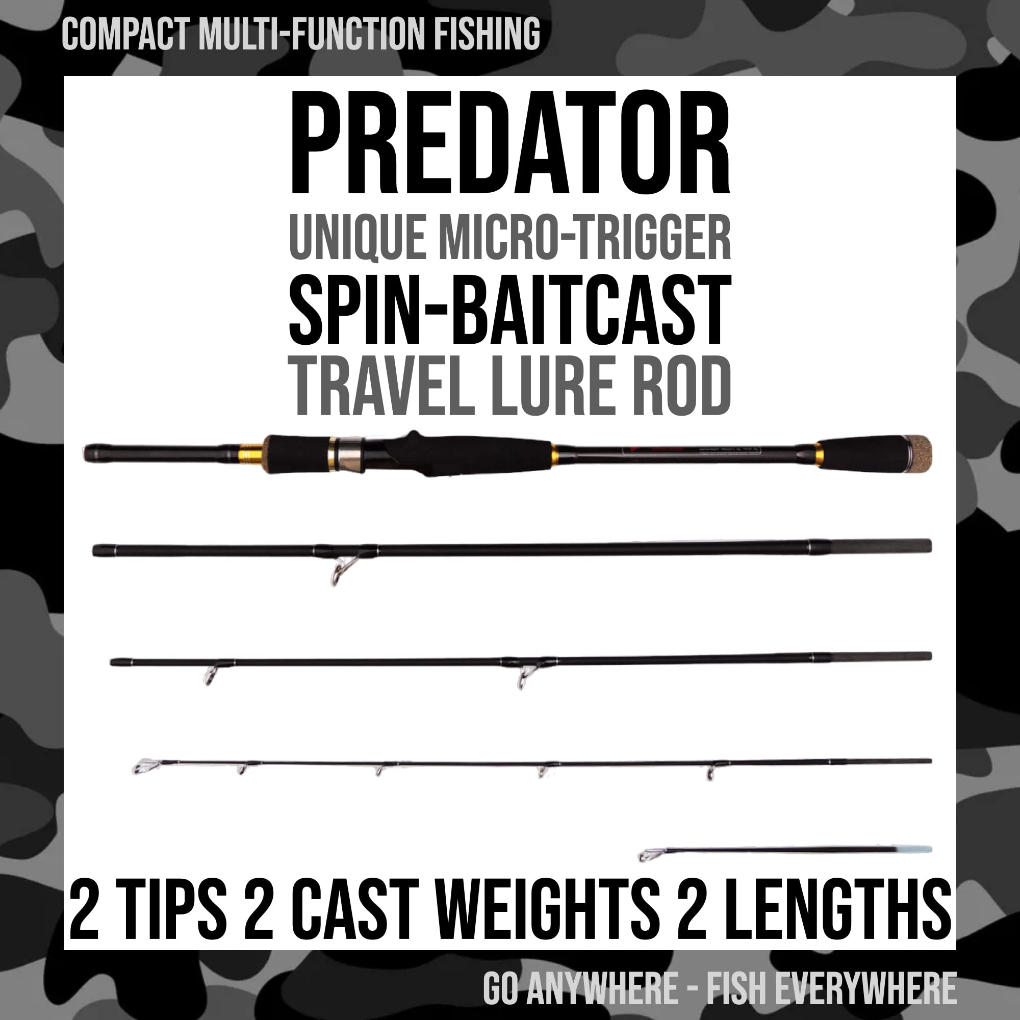 Rigged and Ready Predator Baitcaster Spin Travel Fishing Rod. Hi-Carbon Cast Spinning Pole Unique Micro Trigger +2 Tips 220+185cm (6β+7β3β) Angling Options Max Cast Weight 30g(1oz) 80g(2 3/4oz)