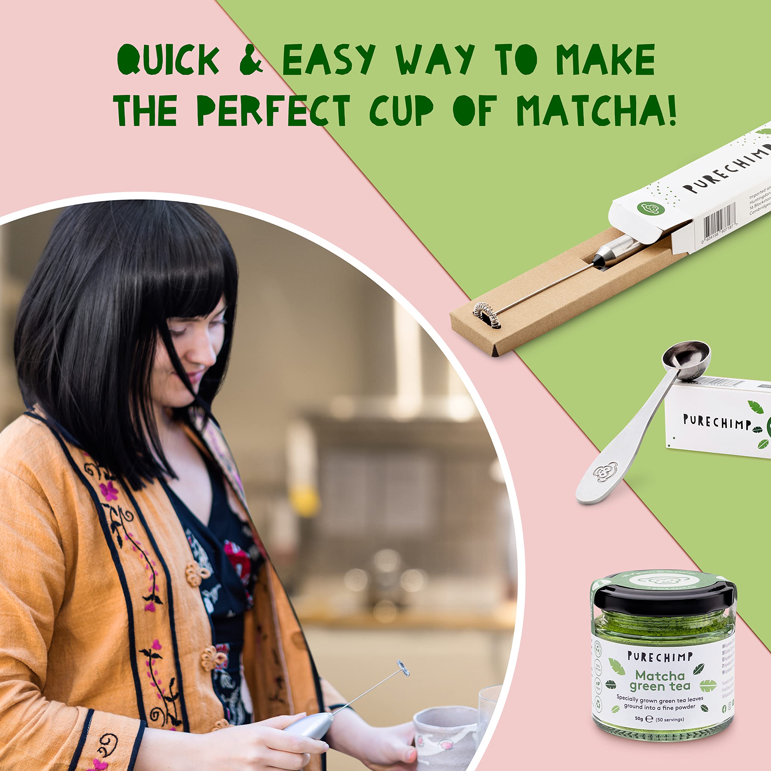 PureChimp Modern Matcha Set β Starter Kit with Electric Matcha Whisk, 50 Grams of Japanese Matcha, and Stainless Steel Measuring Spoon