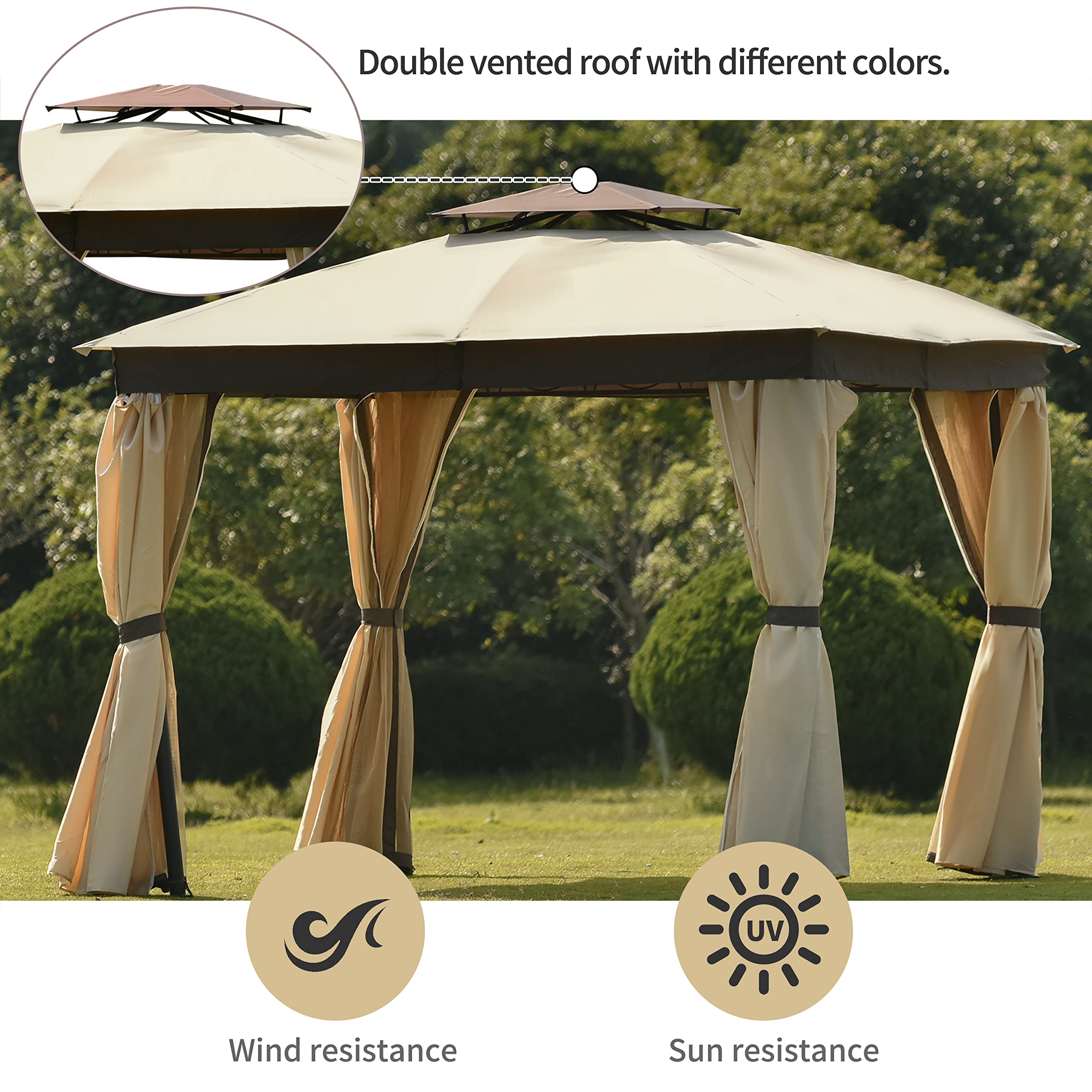 Merax Round Hardtop Gazebo with Removable Curtains, Outdoor Double Roof Canopy Shelter for Patio Garden Backyard Beige