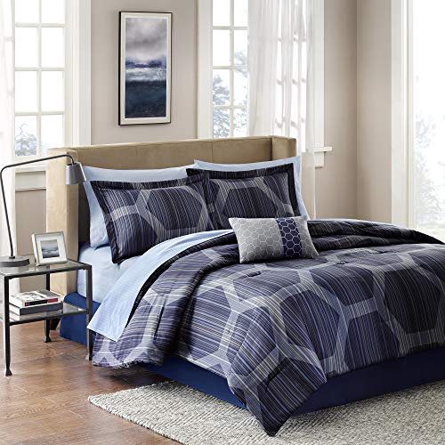 Madison Park Essentials Rincon Comforter (Set), Queen(90"x90"), Geo Dark Blue