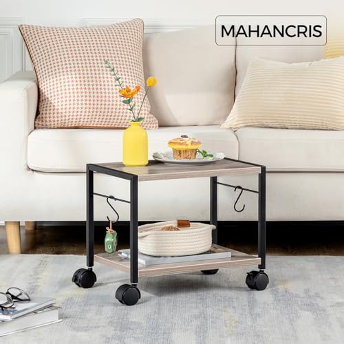 MAHANCRIS Under Desk Printer Stand, 2-Tier Printer Cart with Storage, Rolling Printer Table on Wheels and 2 Hooks, Printer Holder for Desk Shelf Organizer for Home Office, Greige PTHG2001Z
