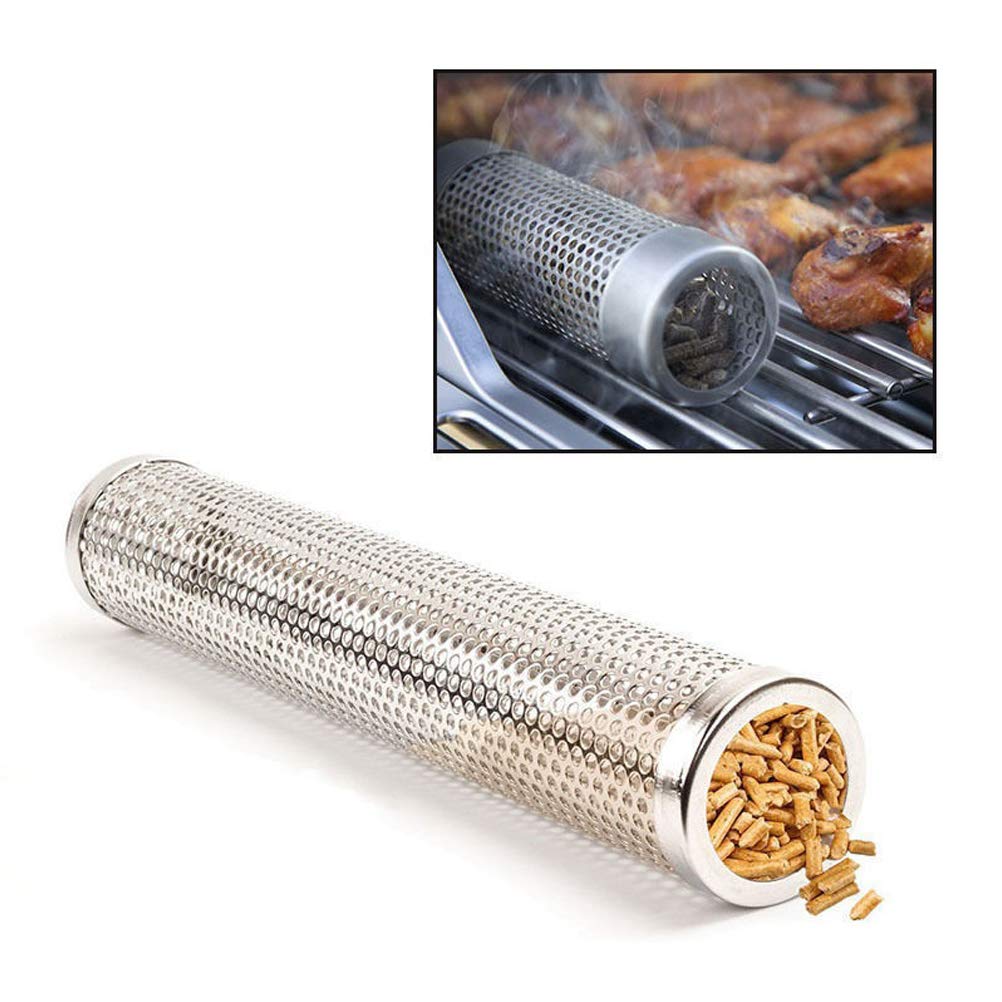 Ozgkee Mesh Pellet Smoker Tube Outdoor Round Cold Hot Stainless Steel Barbecue Smoker Generator (Silver)