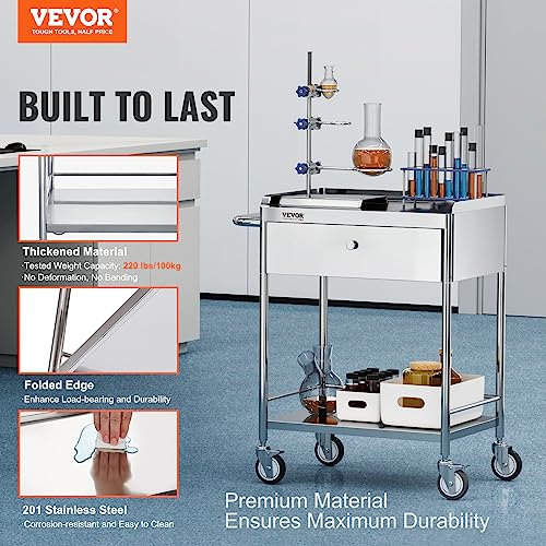 VEVOR Medical Trolley, Dual-Tier Stainless Steel Trolley with a 220 lbs Load Limit, Equipped with Quiet 360° Casters and a Drawer, Ideal for Laboratories, Clinics, Kitchens, and Salons
