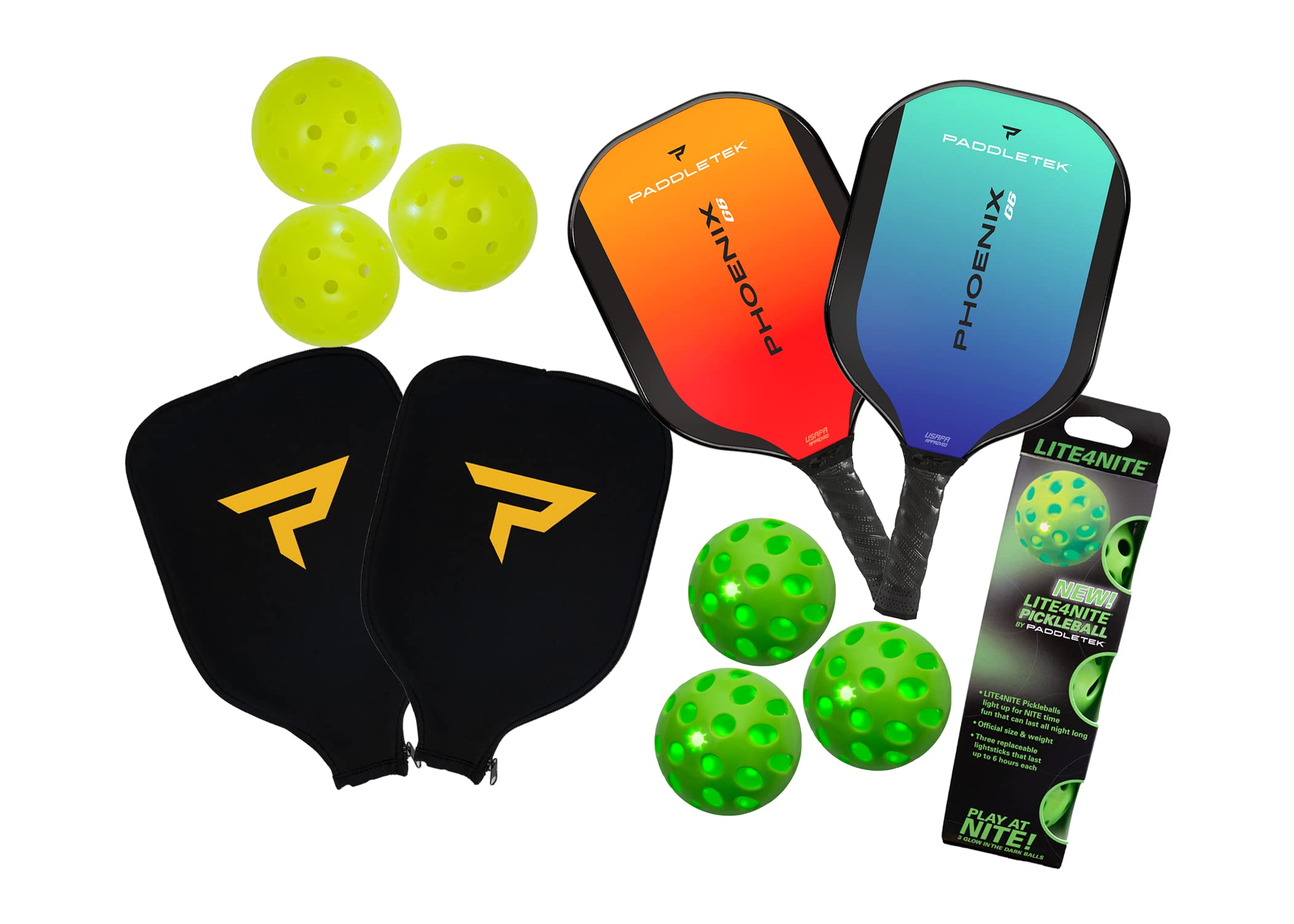 Paddletek Phoenix G6 Pickleball Set Includes Pickleball Paddles Set of 2 (Red and Blue), Regular and Glow in The Dark Pickleballs, and Two Pickleball Paddle Covers