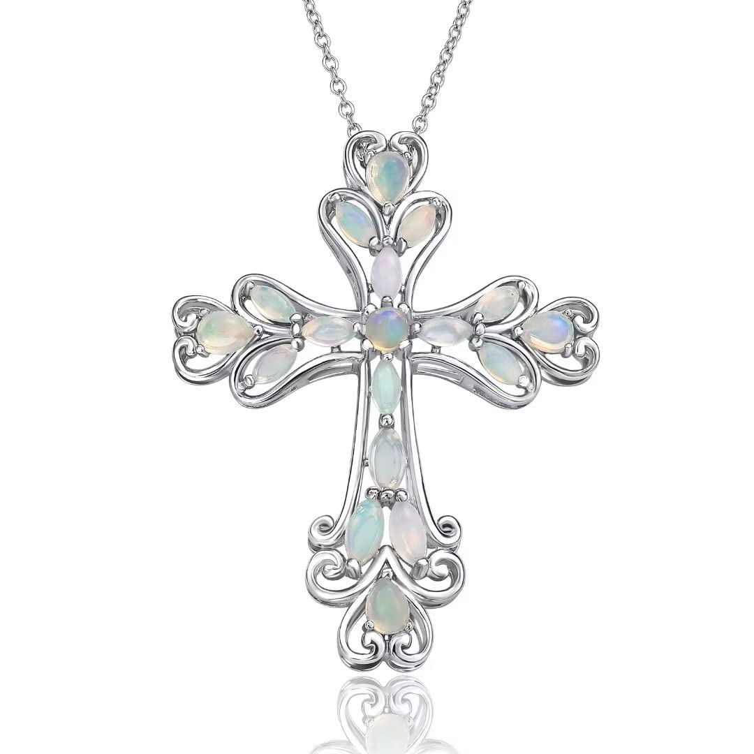 supermodel 925 Sterling Silver Cross 2 Cttw Opal Necklace for Women