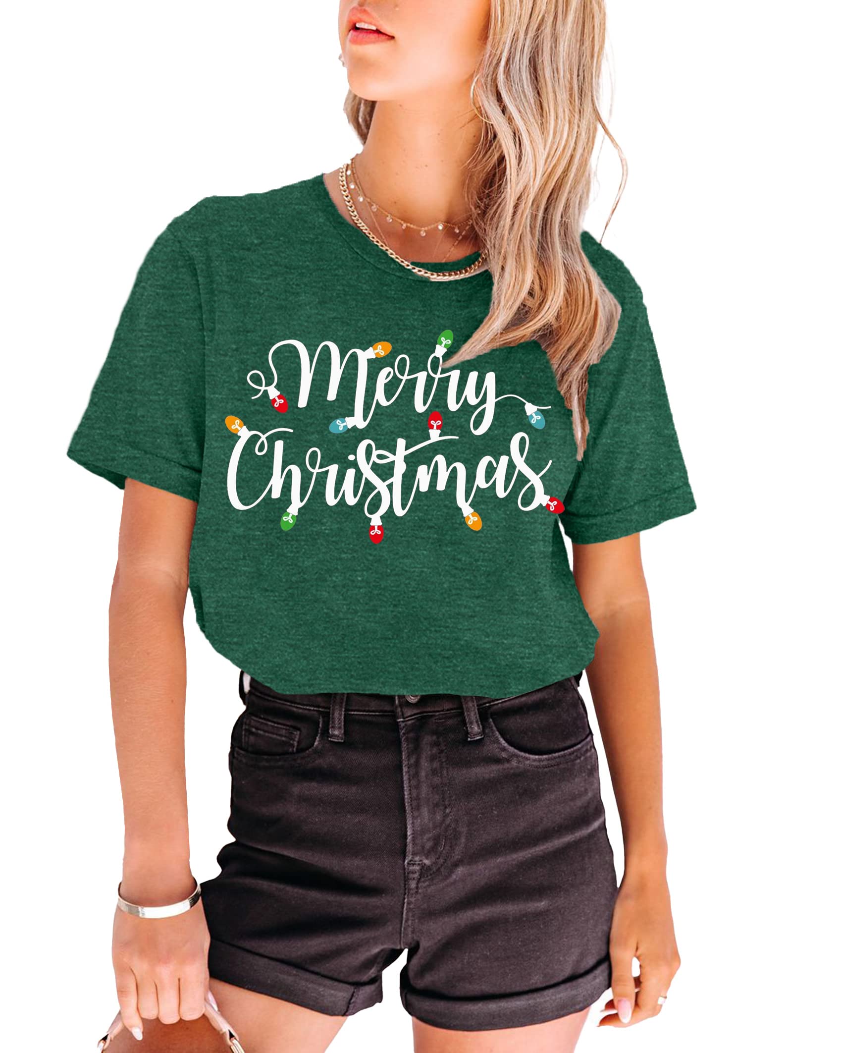 MAIHUN Christmas Shirts Womens Merry Christmas Shirt Xmas Holiday Tshirt Christmas Lights Tee Green