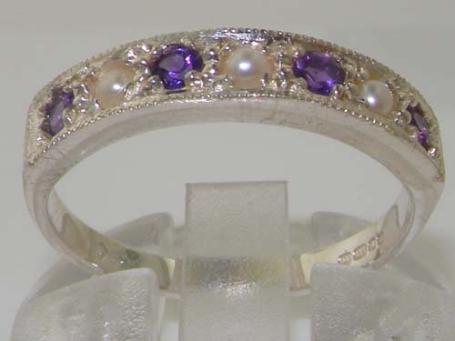 LetsBuyGold 925 Sterling Silver Cultured Pearl and Amethyst Womens Band Ring - Sizes 4 to 12 Available