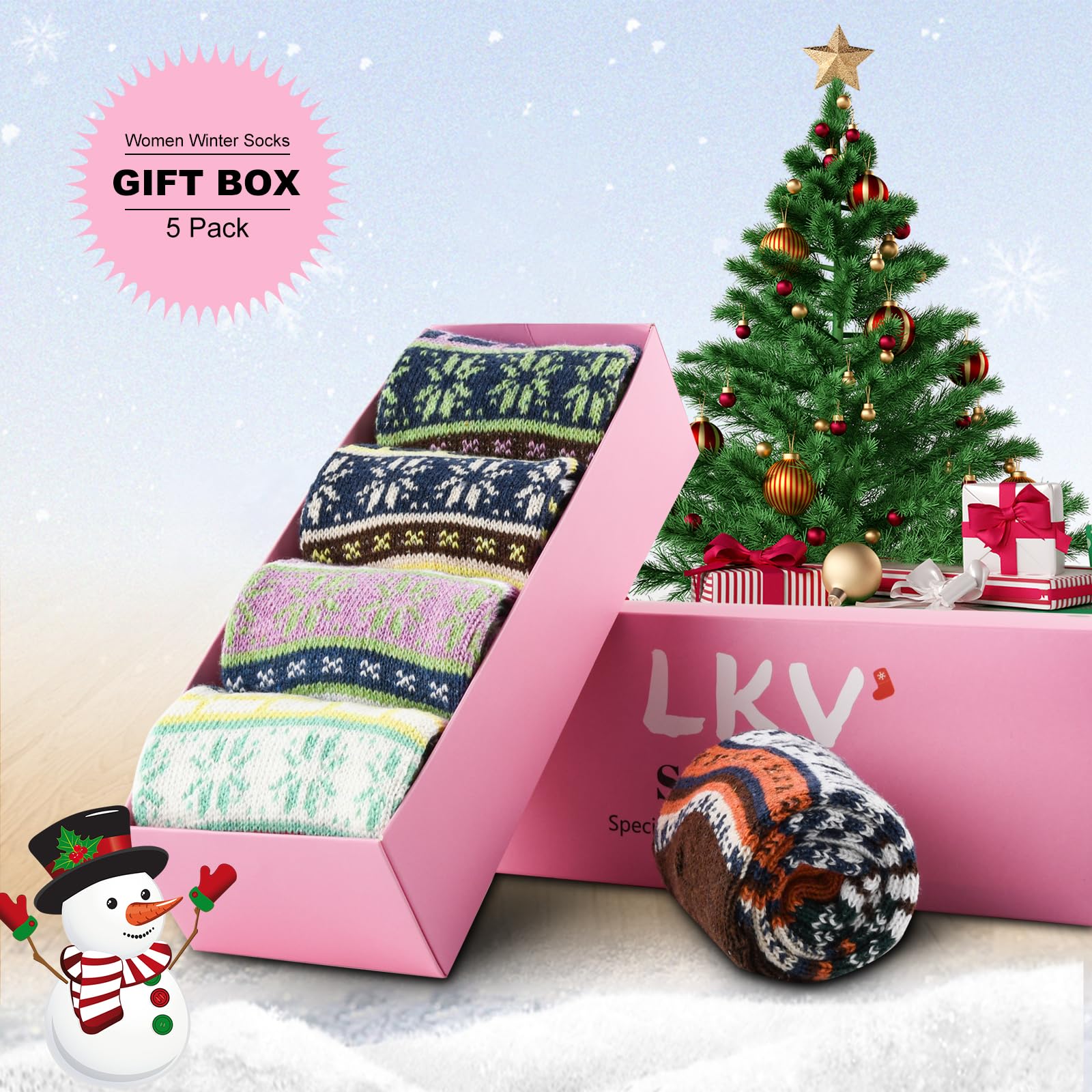 LKV Womens Winter Socks Gift Box Free Size Thick Wool Socks Soft Warm Casual Socks for Women Socks Christmas Socks 5 Pairs