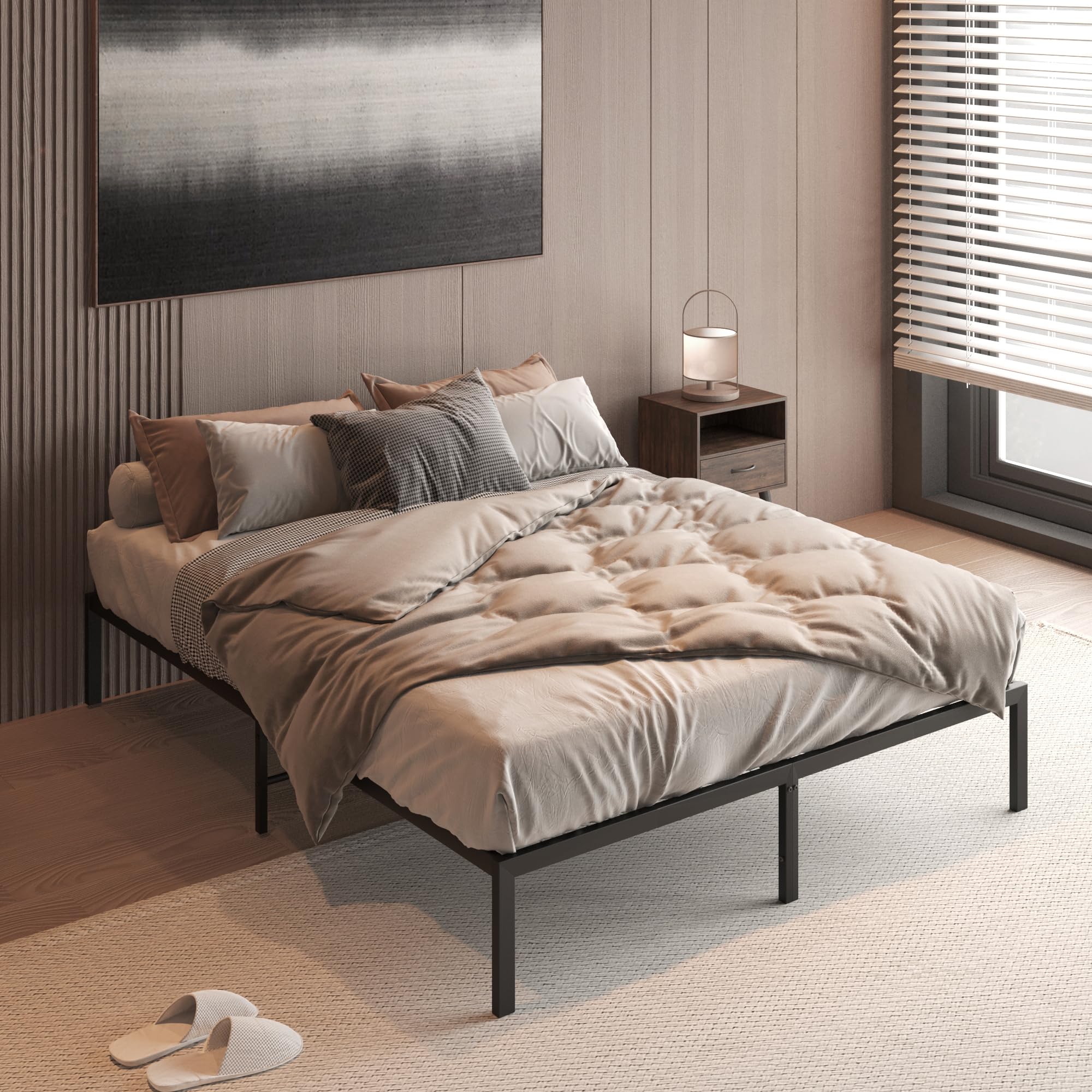 MegaChunk Full Size Metal Platform Bed Frame, Sturdy Structure with Minimalist Styling, No Box Spring Needed, Wave Shaped Headboard, No-Noise Design, Black