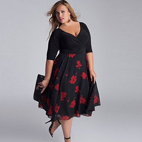 Pinkpaopao Deep V-Neck Plus Size Dress for Women Patchwork Half Sleeve Flower Mesh Swing Dress Red