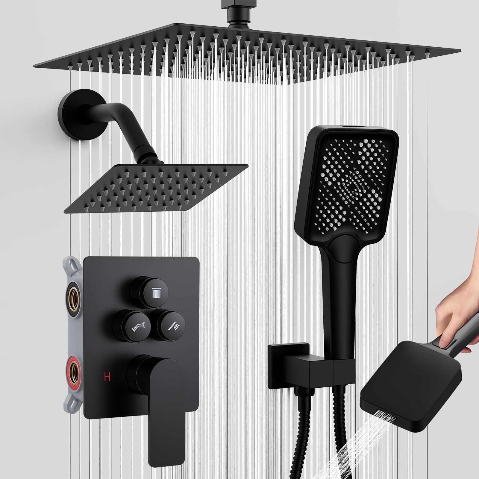 Woindo Shower Faucet Set, 12" Ceiling Mount Rainfall Shower System with 2 Rain Shower Head and Multi-function Handheld Head Push Button Diverter Shower Faucet Trim Kits, Matte Black