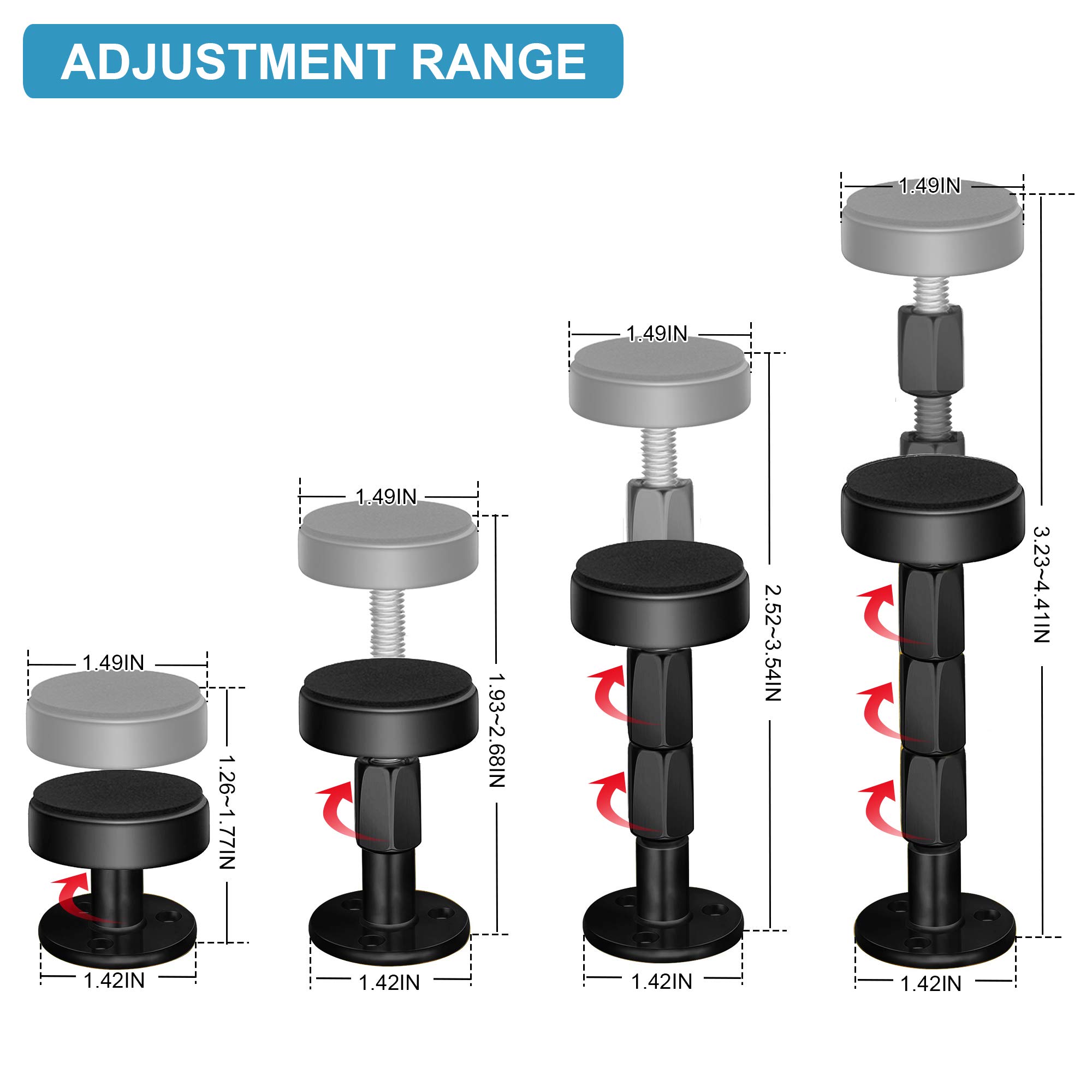 Neatbuddy 2PCS Black Adjustable Bed Frame Anti-Shake Tool, Headboard Stoppers with Free Furniture Pads and Screws, No More Creaking, Protect The Wall from Banging, Easy to Install (1.1-4.7in)