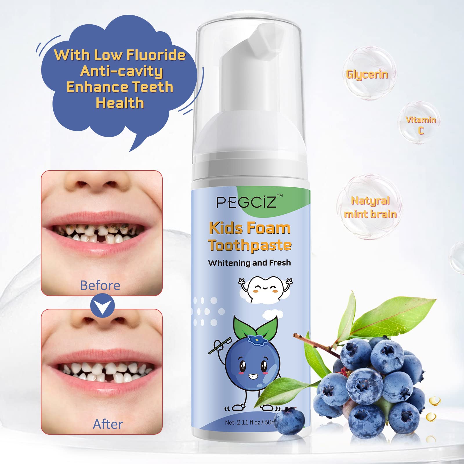 Moulis Foam Toothpaste Kids, Children Whitening Toothpaste with Low Fluoride & Natural Formula to Reduce Plaque, Toddler