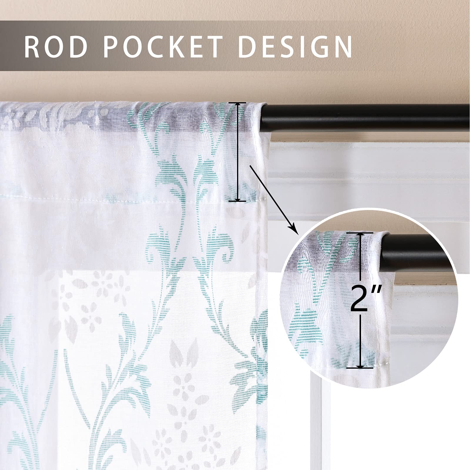 MRTREES Sheer Kitchen Tier Curtains, Short Cafe Curtains Rod Pocket, Small Scroll Damask Printed Bathroom Window Curtains Basement Damask Flower Print Tiers(2 Panels, 25x24 Inches, Taupe on White)