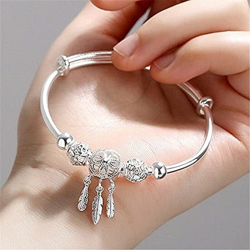 Ounmax Vintage Handmade 925 Sterling Silver Dream Catcher Bracelet Hand Bangle, Carved Adjustable Bangle Gift For Women in Birthdays, Anniversaries, Holidays And Other Special Occasions (Silver)