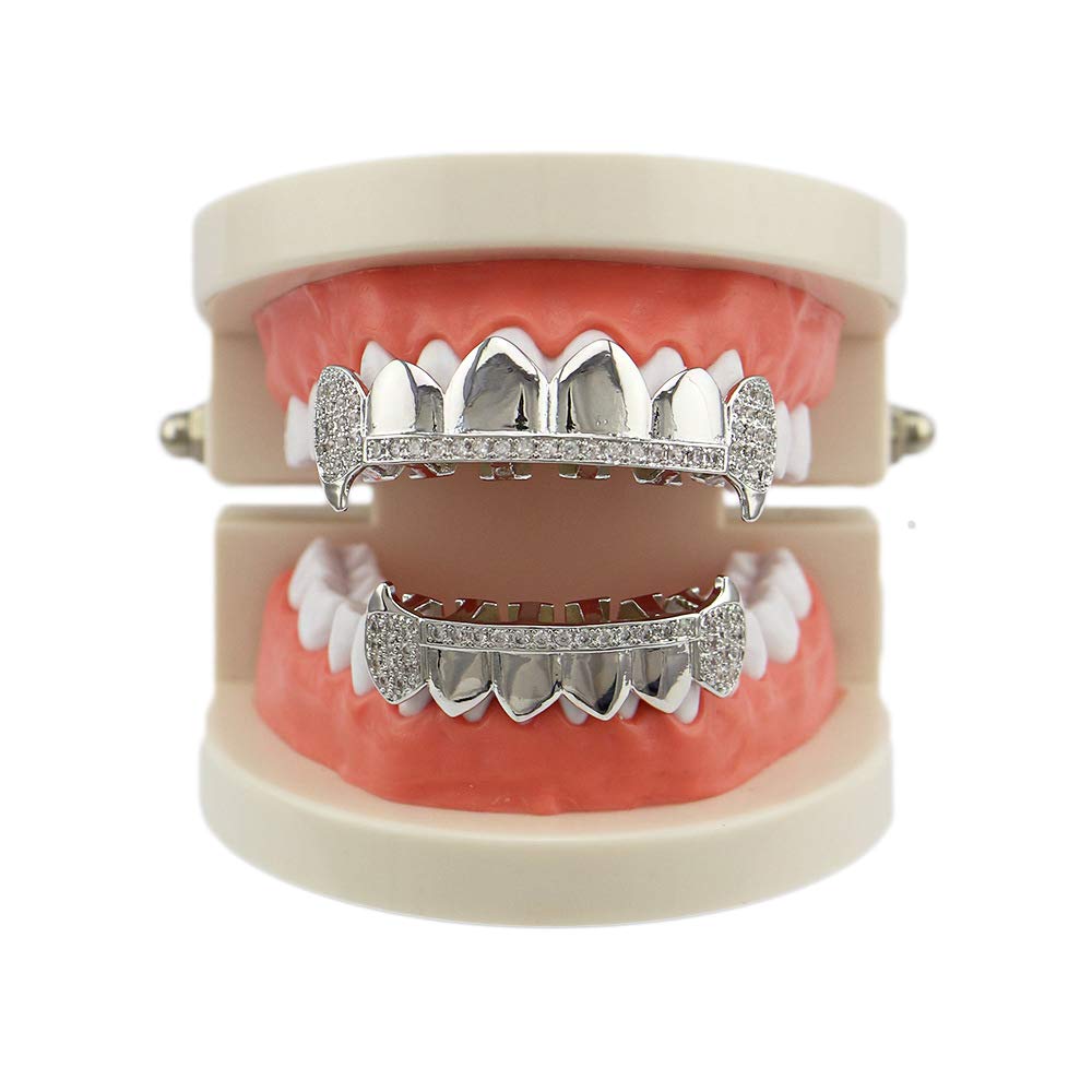 Psivika Gold Plated Shiny Hip Hop Teeth Grillz Caps Iced Out CZ Top and Bottom Vampire Fangs Grillz with Diamonds for Your Teeth for Men and Women (Silver)